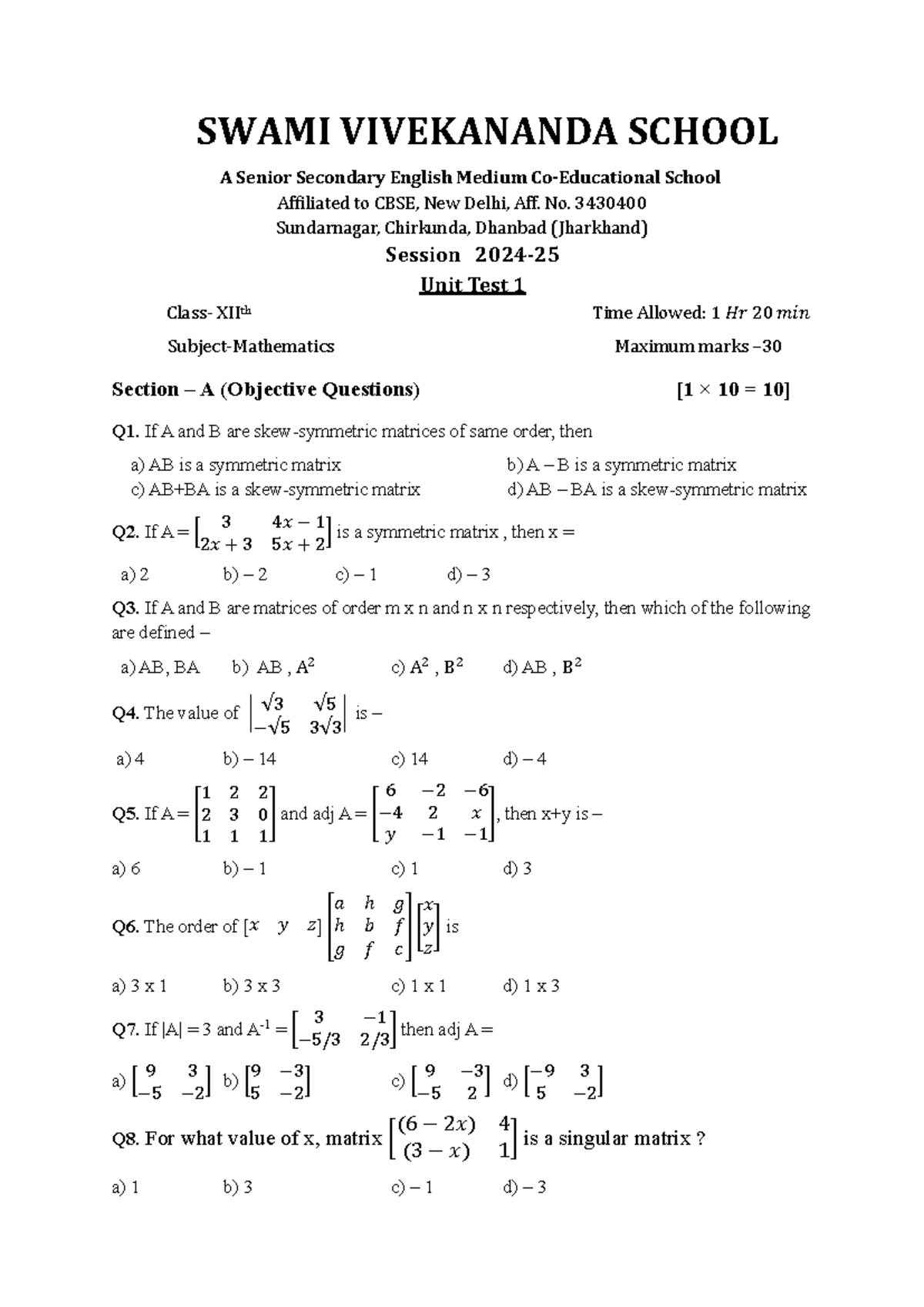 Math unit test 1 class 12th 2024-25 - A Senior Secondary English Medium ...