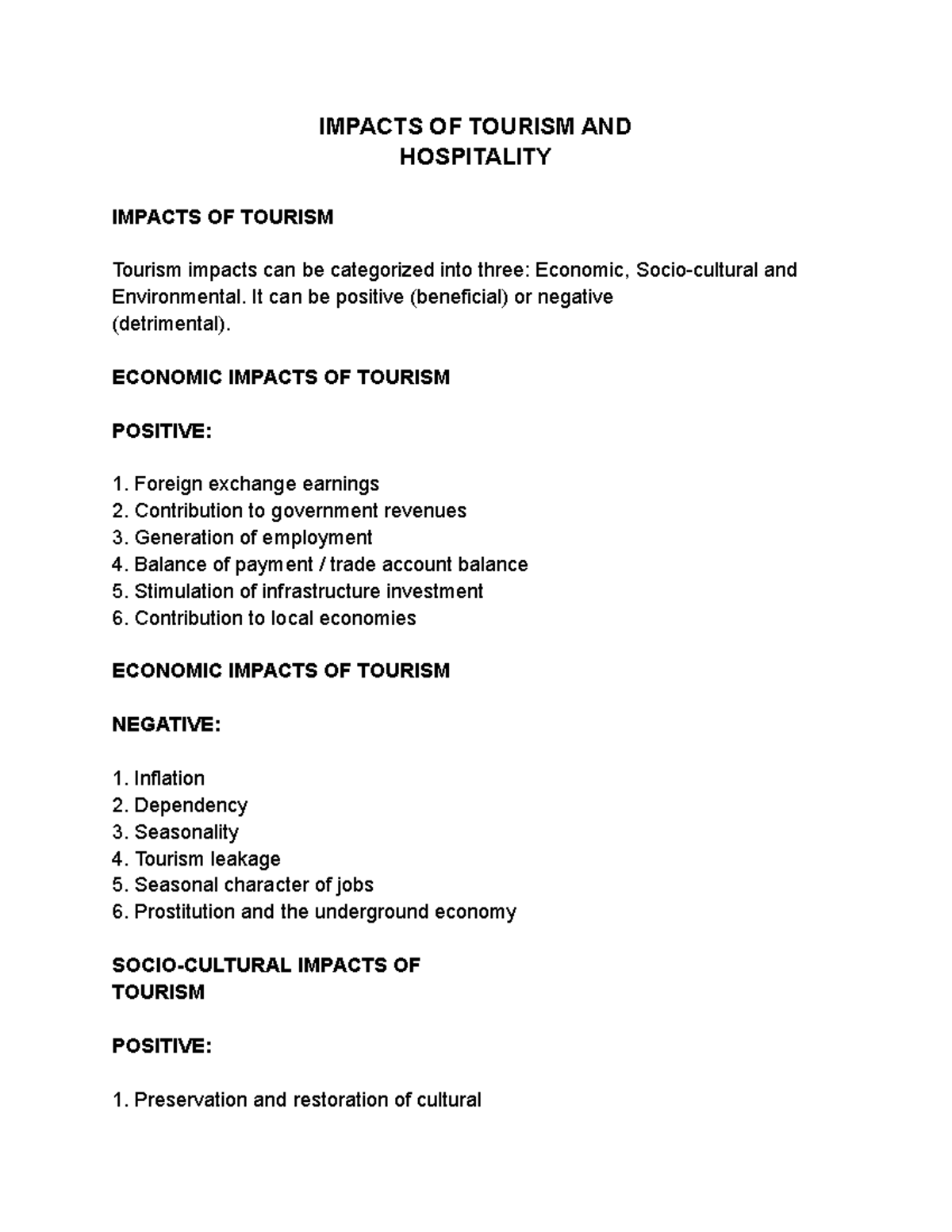 Impacts OF Tourism AND Hospitality I - IMPACTS OF TOURISM AND ...