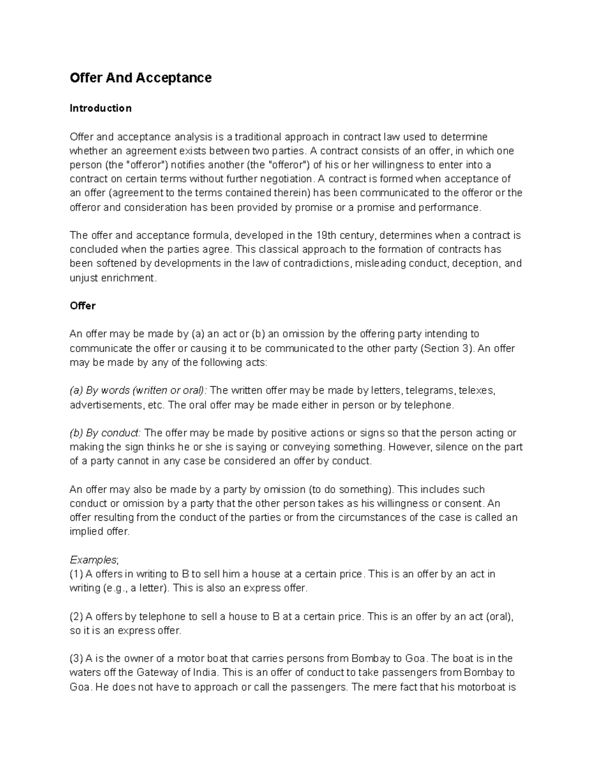 Offer And Acceptance - Offer And Acceptance Introduction Offer and ...