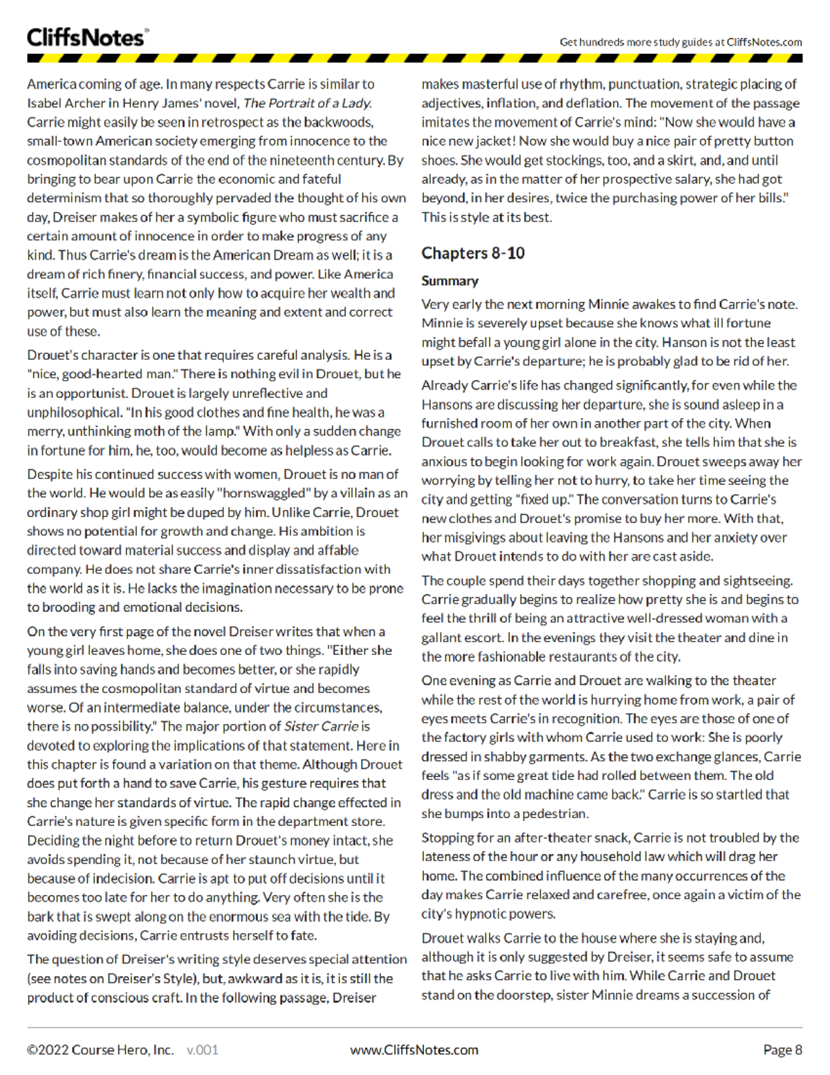 Cliffs Notes on Sister Carrie 8 - Biology 101 - Studocu