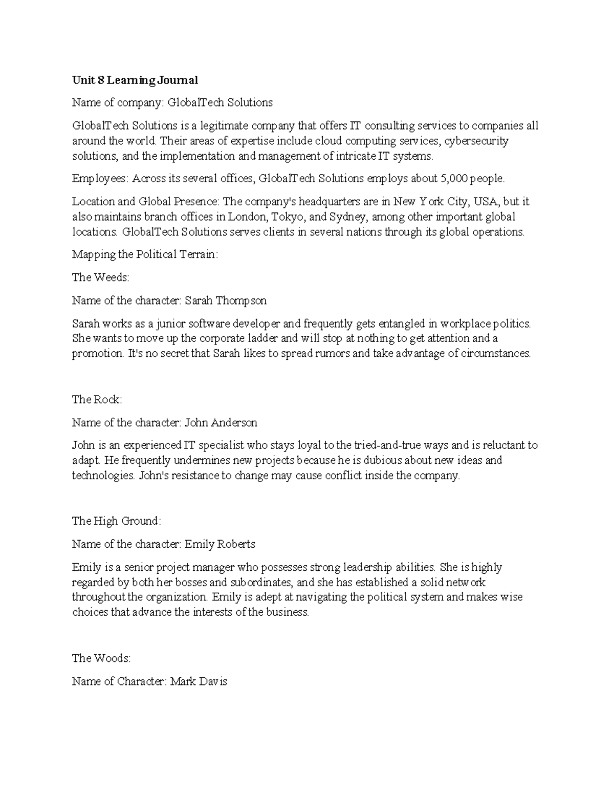 Unit 8 Learning Journal - Unit 8 Learning Journal Name of company ...