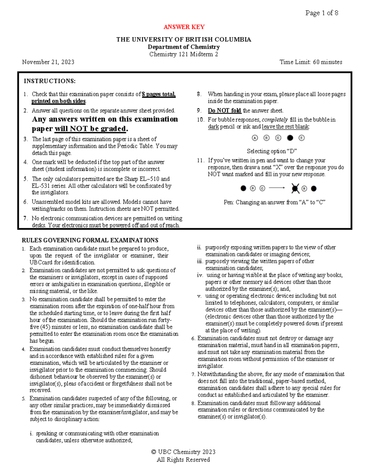 Midterm 2 2023 Answers - © UBC Chemistry 202 3 ANSWER KEY THE ...