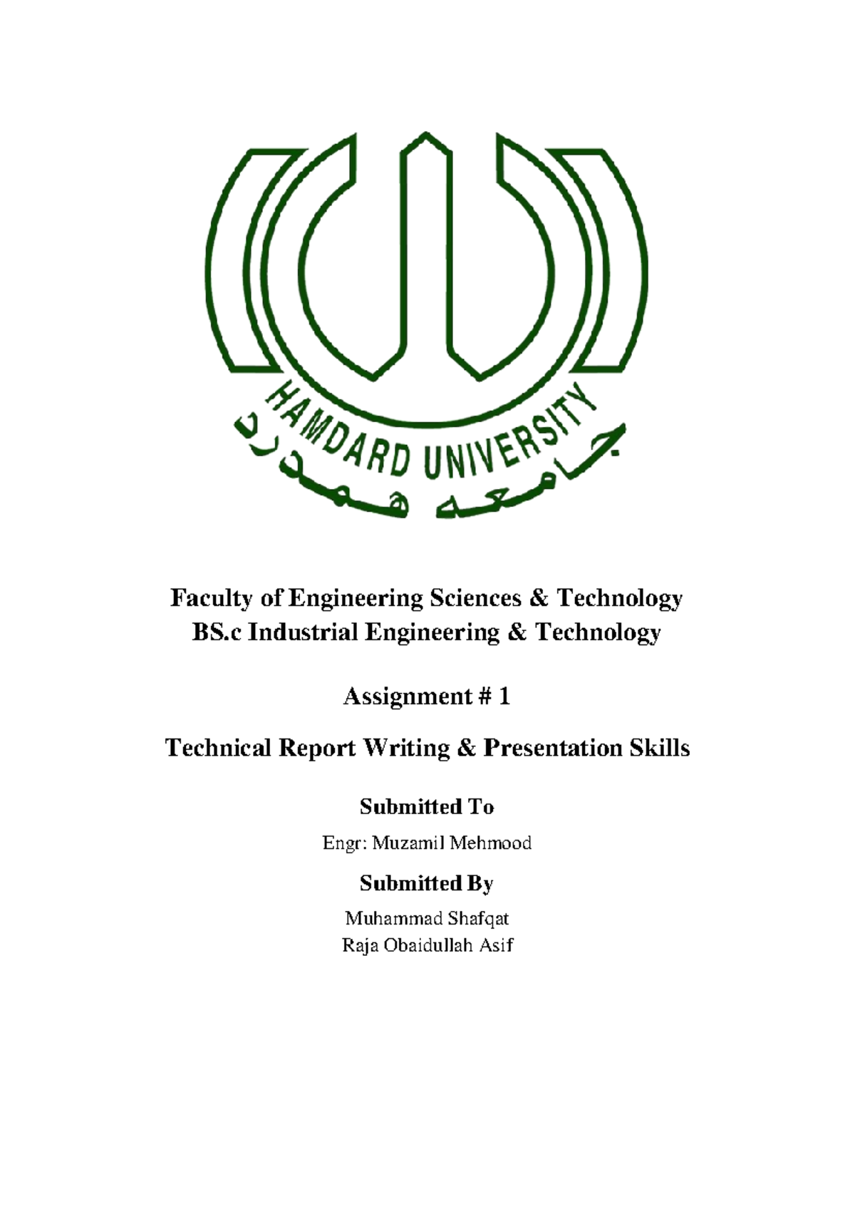 Assignment 1 Solution - Faculty of Engineering Sciences & Technology BS Industrial Engineering ...