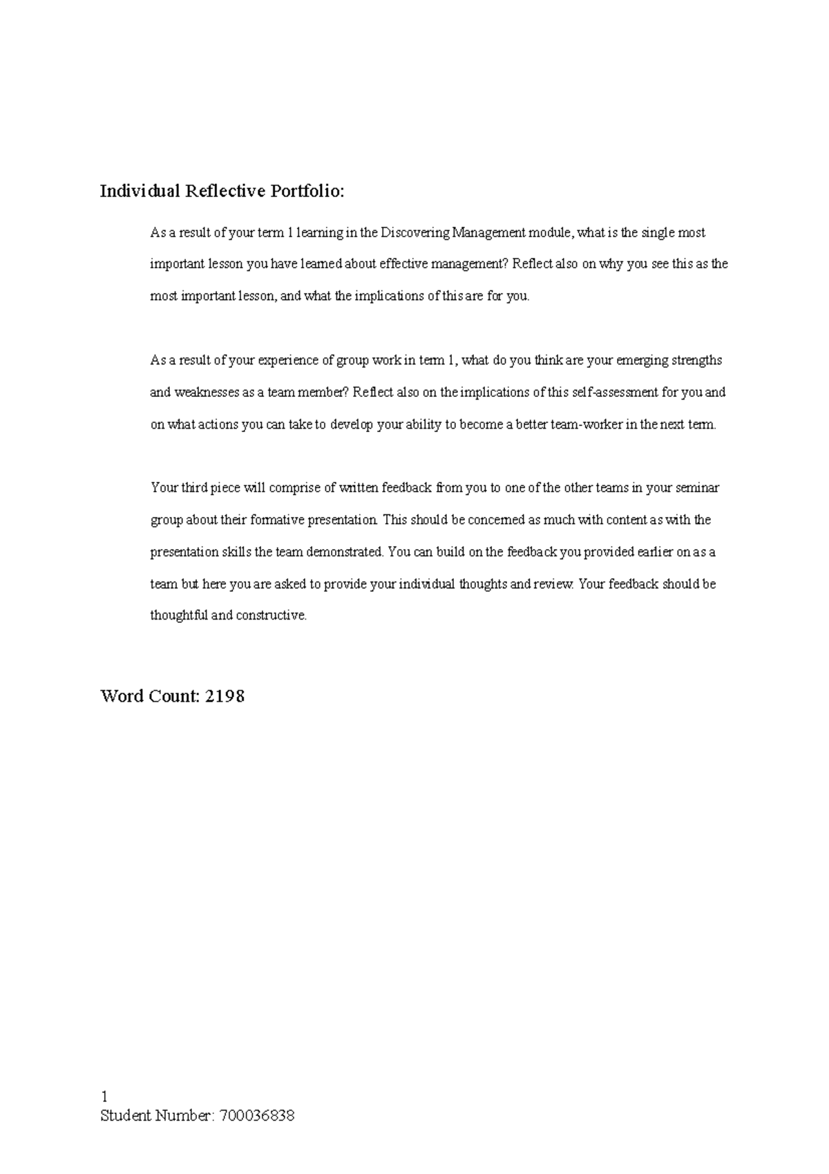 Individual Reflective Portfolio - As a result of your experience of ...