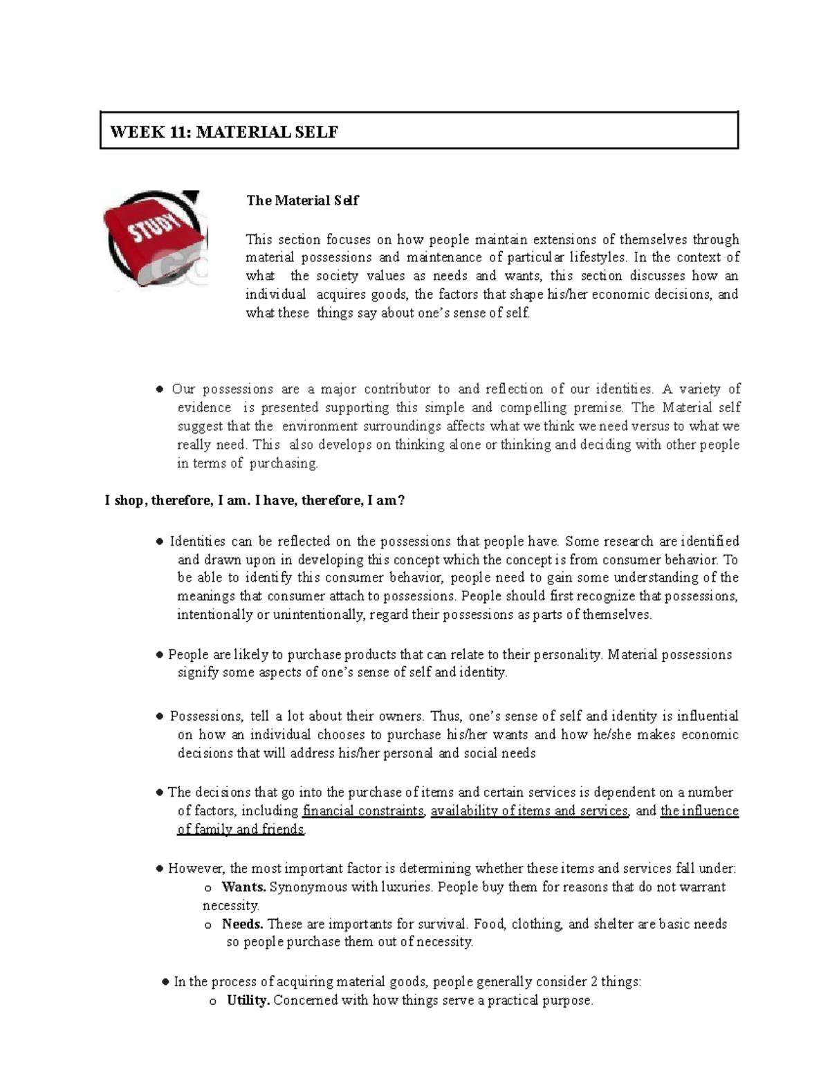 (finals) lesson 8 -12 - WEEK 11: MATERIAL SELF The Material Self This ...