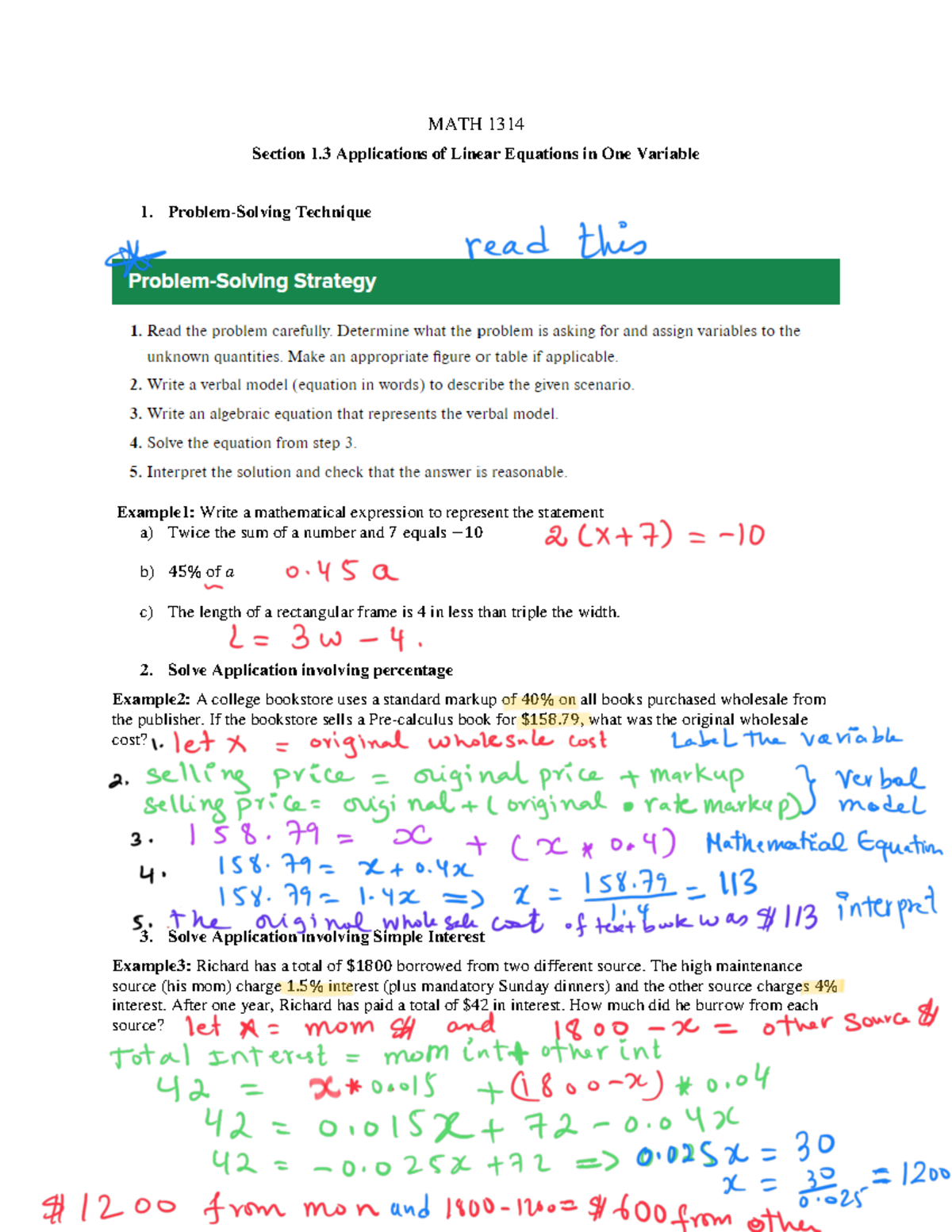 Section 1 - MATH 1314 Section 1 Applications of Linear Equations in One ...