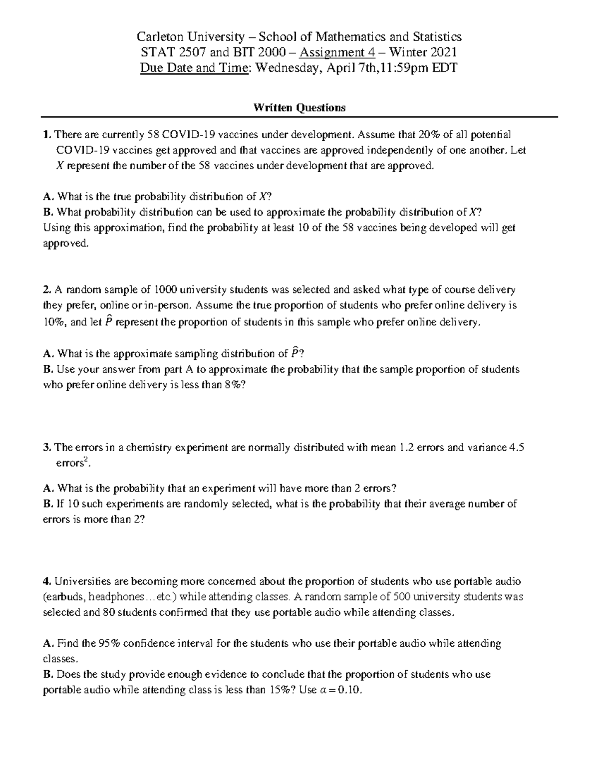 A4 qustion-stat2507 - assignment 1 - Carleton University – School of Mathematics and Statistics ...