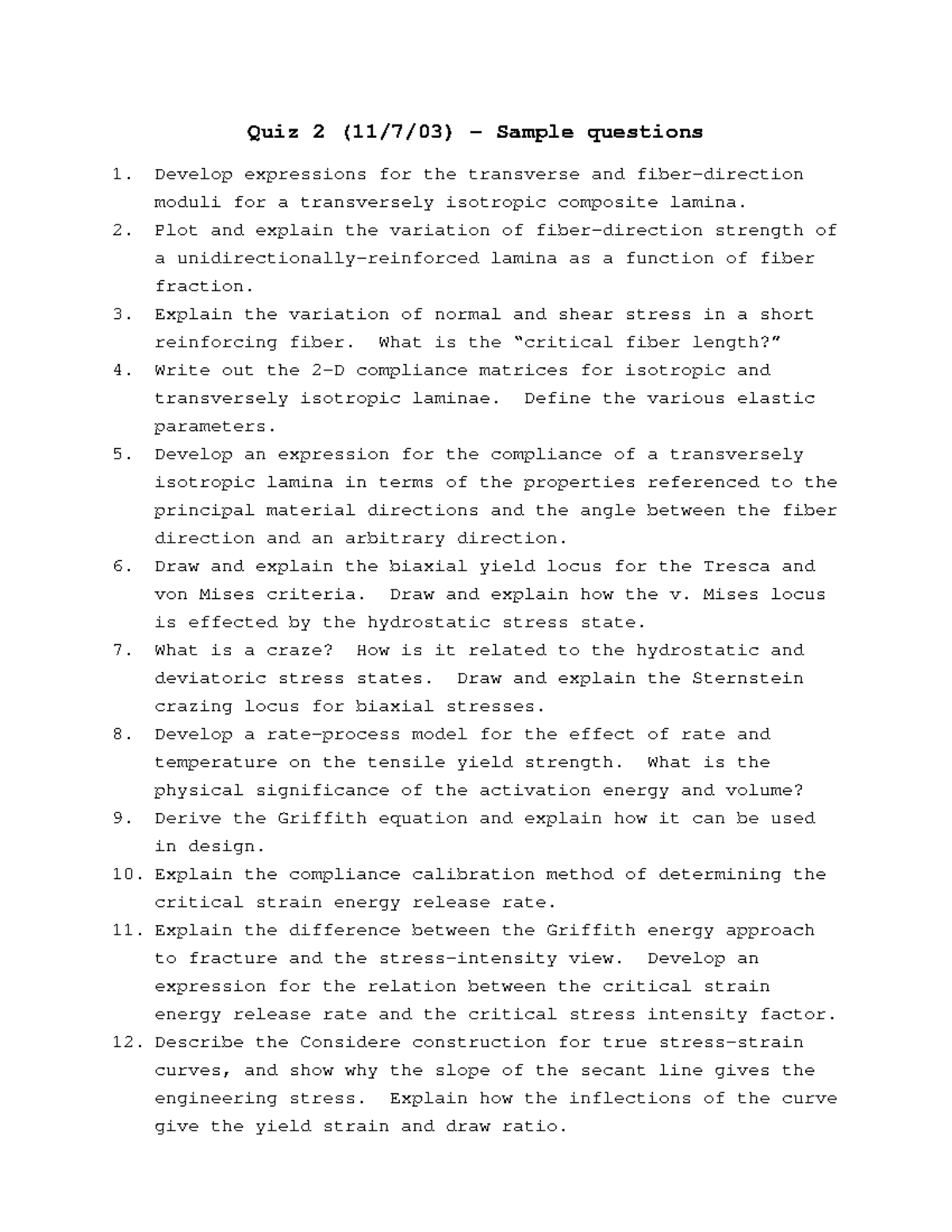 Q2 examples - Polymer Engineering - Quiz 2 (11/7/03) – Sample questions ...