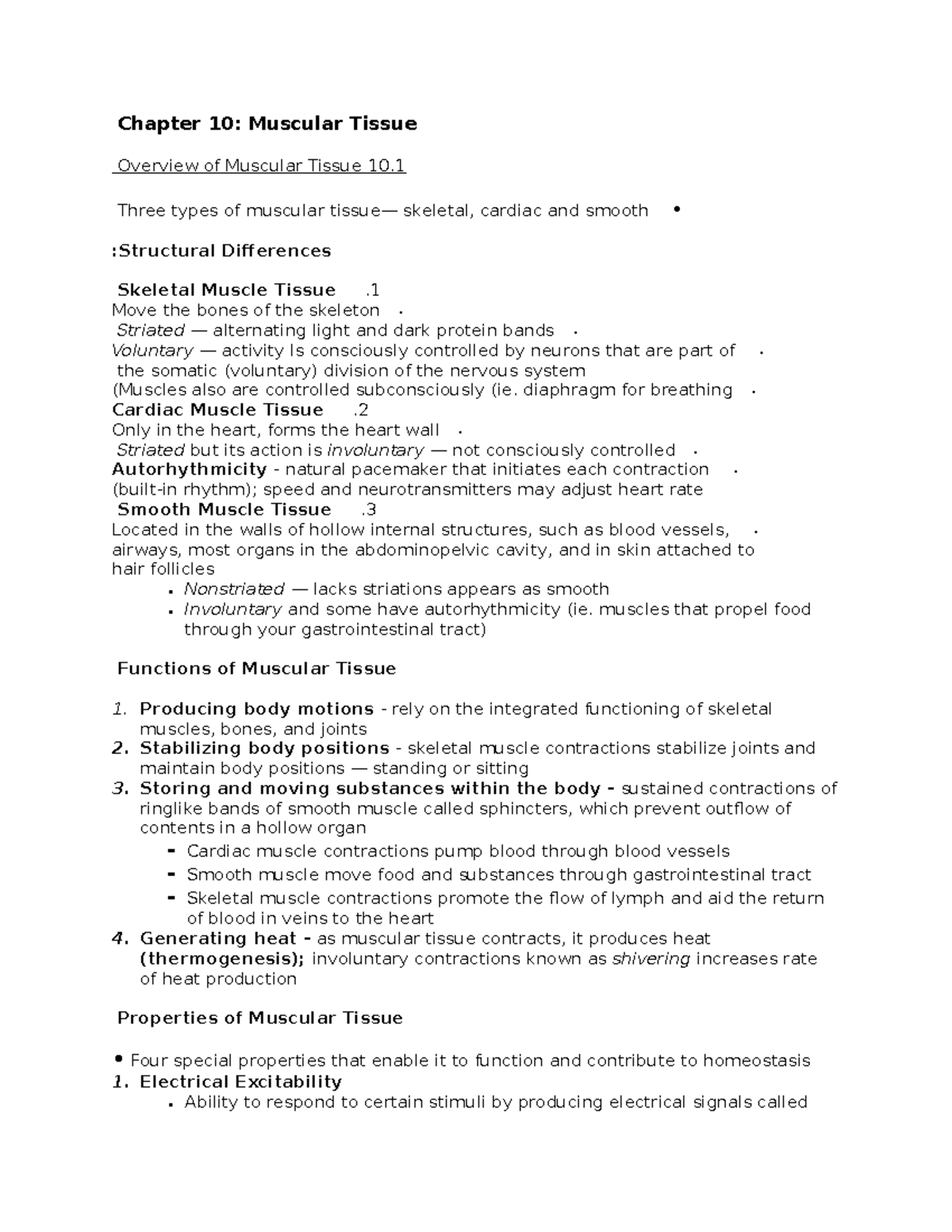 Chap 10 notes - Chapter 10: Muscular Tissue 10 Overview of Muscular ...