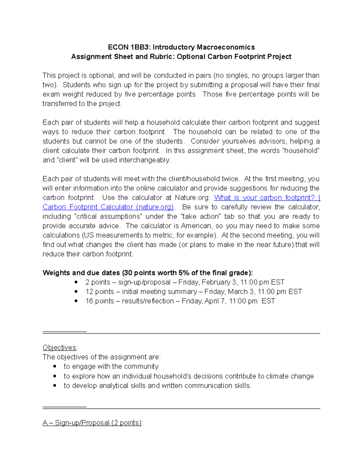Assignment Sheet and Rubric - Optional Carbon Footprint Project - ECON ...
