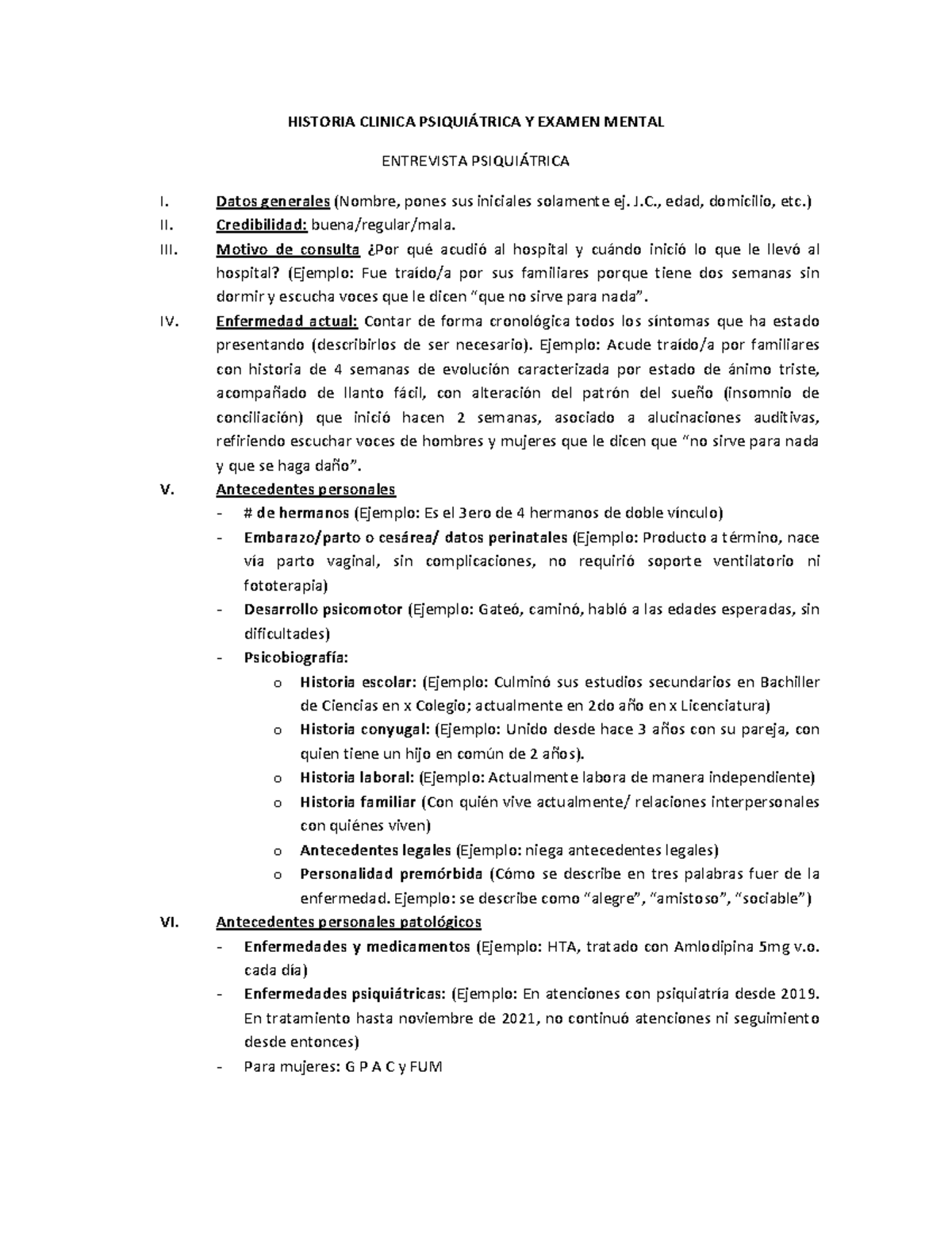 Historia CLÃ NICA Psiquiã Trica Y Examen Mental - HISTORIA CLINICA PSIQUIÁTRICA Y EXAMEN MENTAL ...