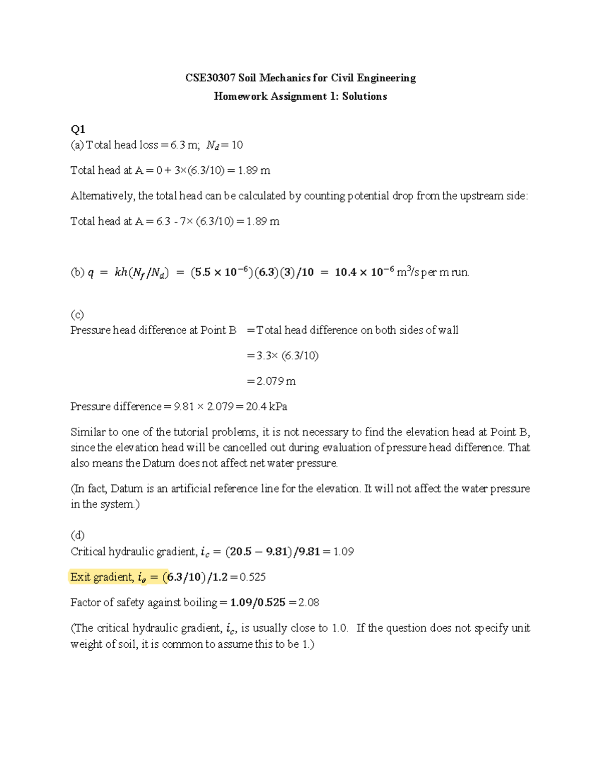 Homework 1 (solutions) - CSE30307 Soil Mechanics for Civil Engineering ...
