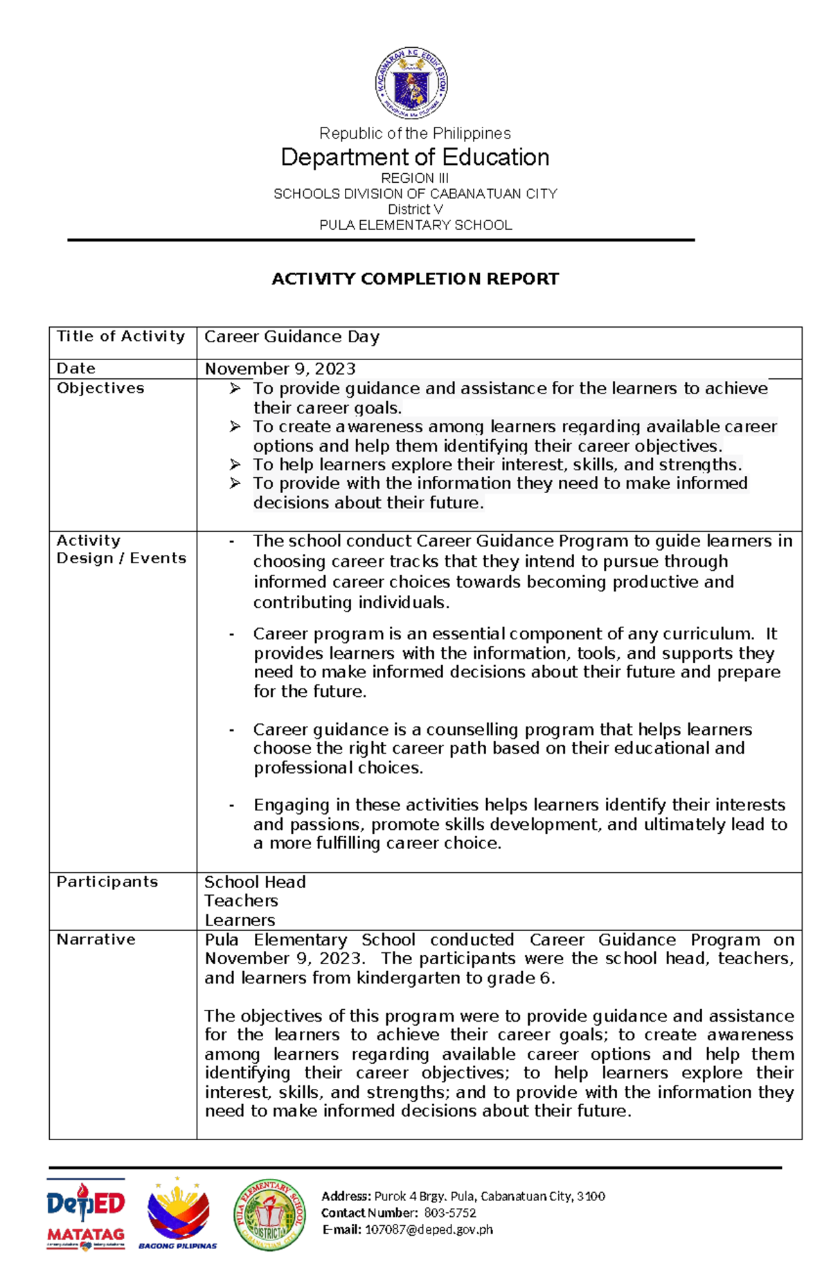 ACR on Career Guidance Day - Republic of the Philippines Department of ...