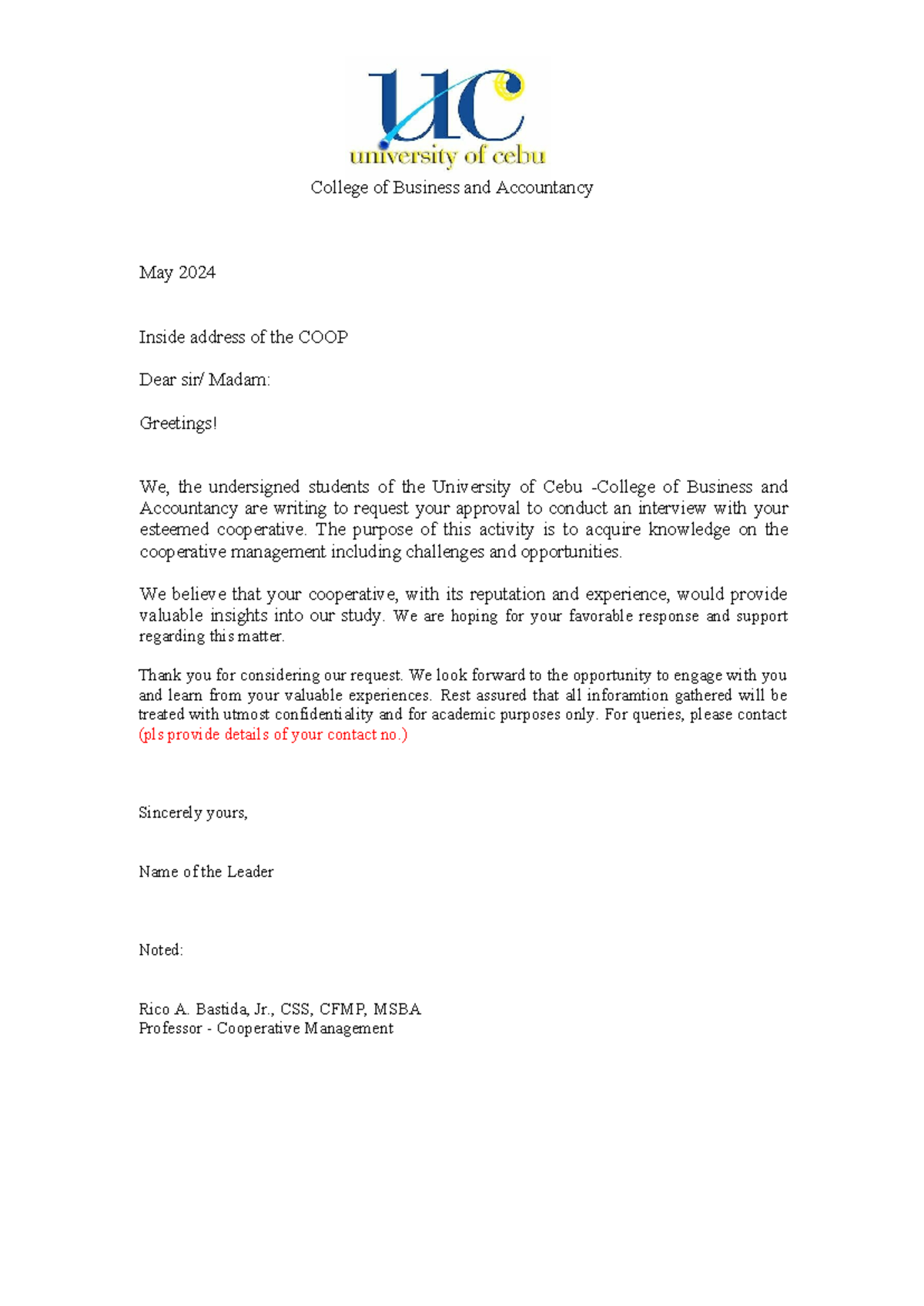 Coop-letter - College of Business and Accountancy May 2024 Inside ...