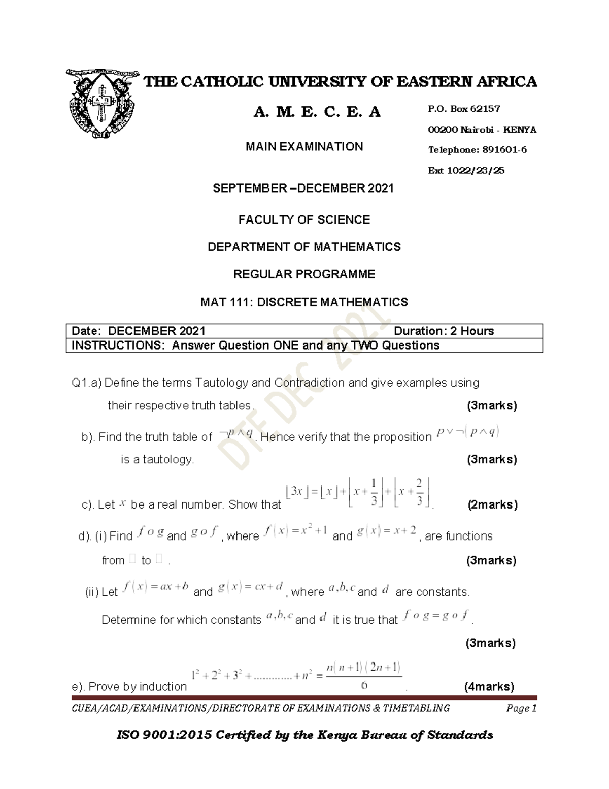 MAT 111 - It contains some practice questions on discrete maths. - THE ...
