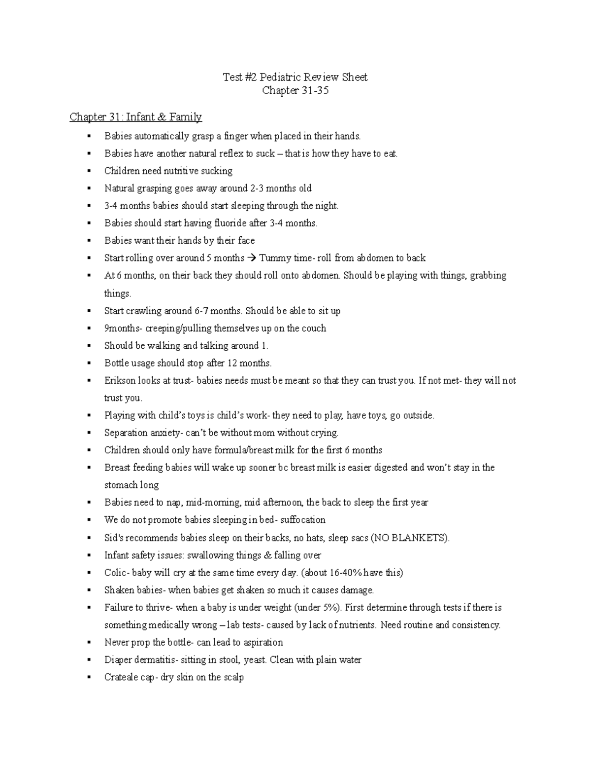 Peds- Test #2 Review - Test #2 Pediatric Review Sheet Chapter 31 ...