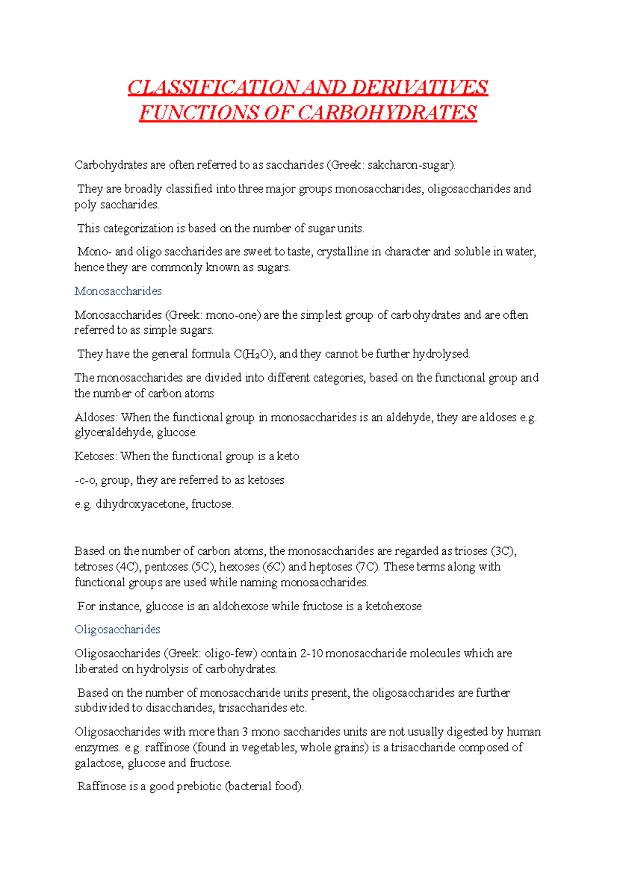 Classification AND Derivatives Functions OF Carbohydrates ...