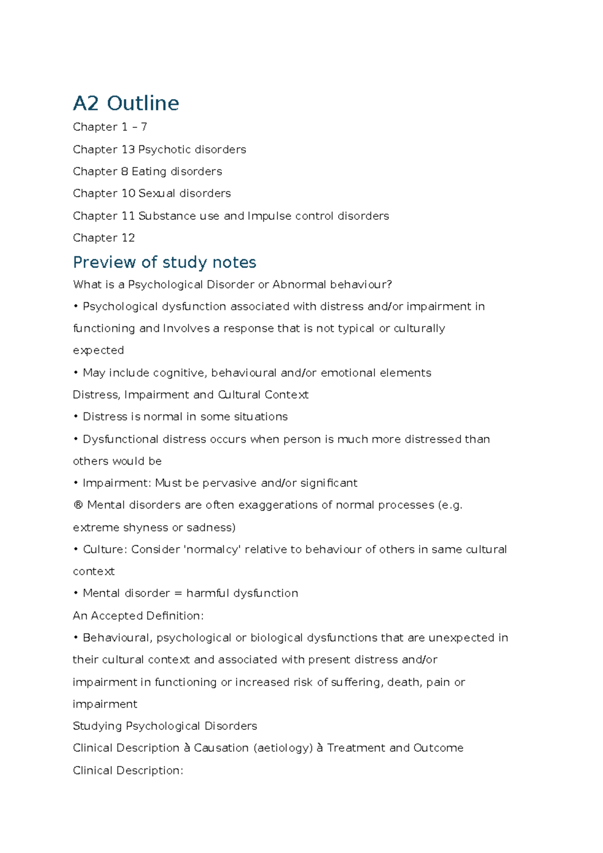 A2 Outline - A2 Outline Chapter 1 – 7 Chapter 13 Psychotic disorders ...