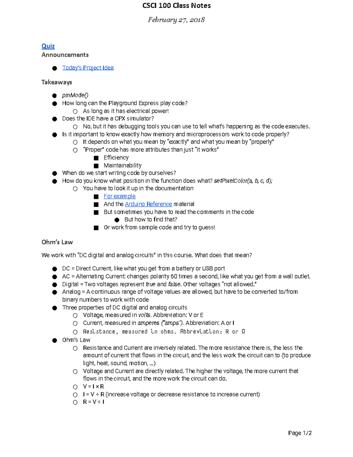 2018-02-27 Class Notes - CSCI 100 Class Notes February 27, 2018 Quiz ...