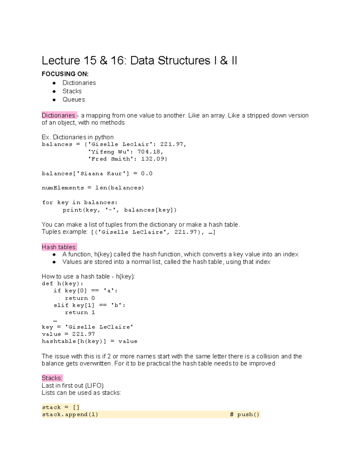 Lecture 15 & 16 - Data Structures I & II - Lecture 15 & 16: Data ...