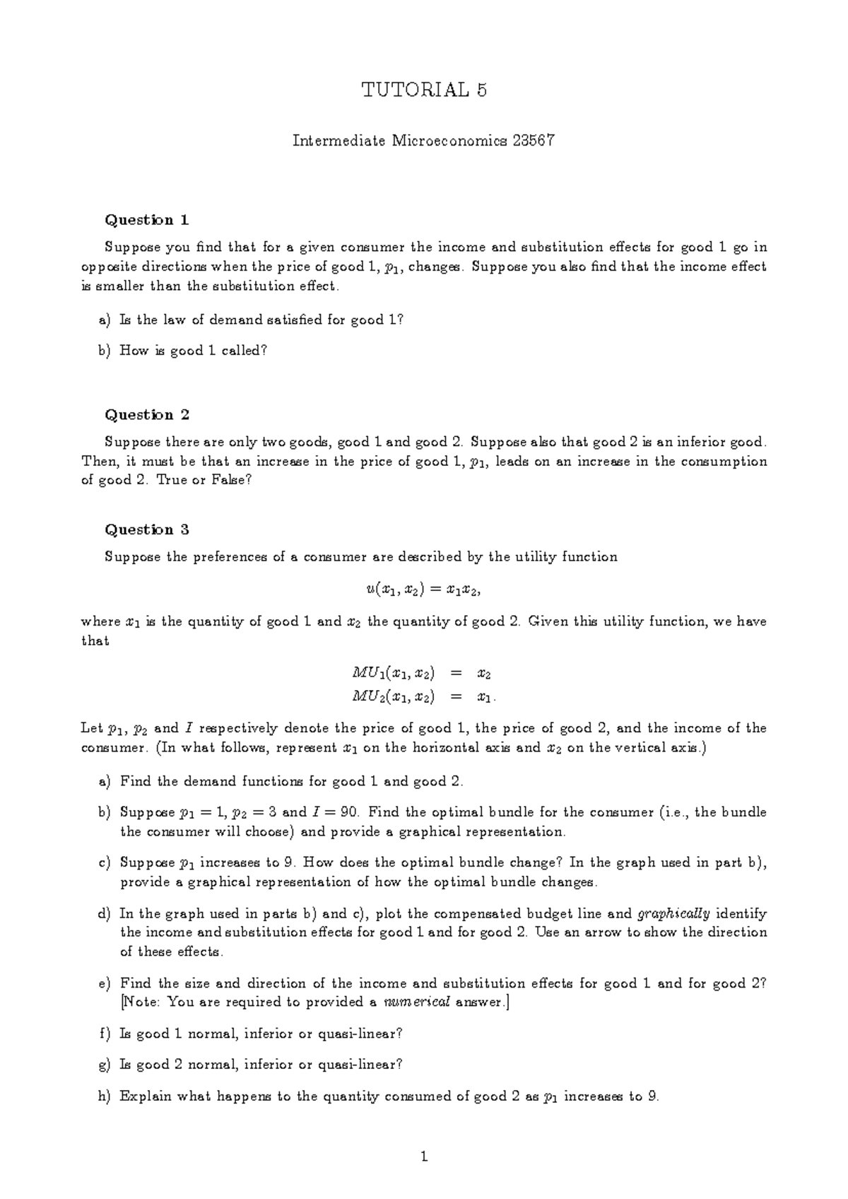 Tutorial 5 Questions-1 - TUTORIAL 5 Intermediate Microeconomics 23567 ...