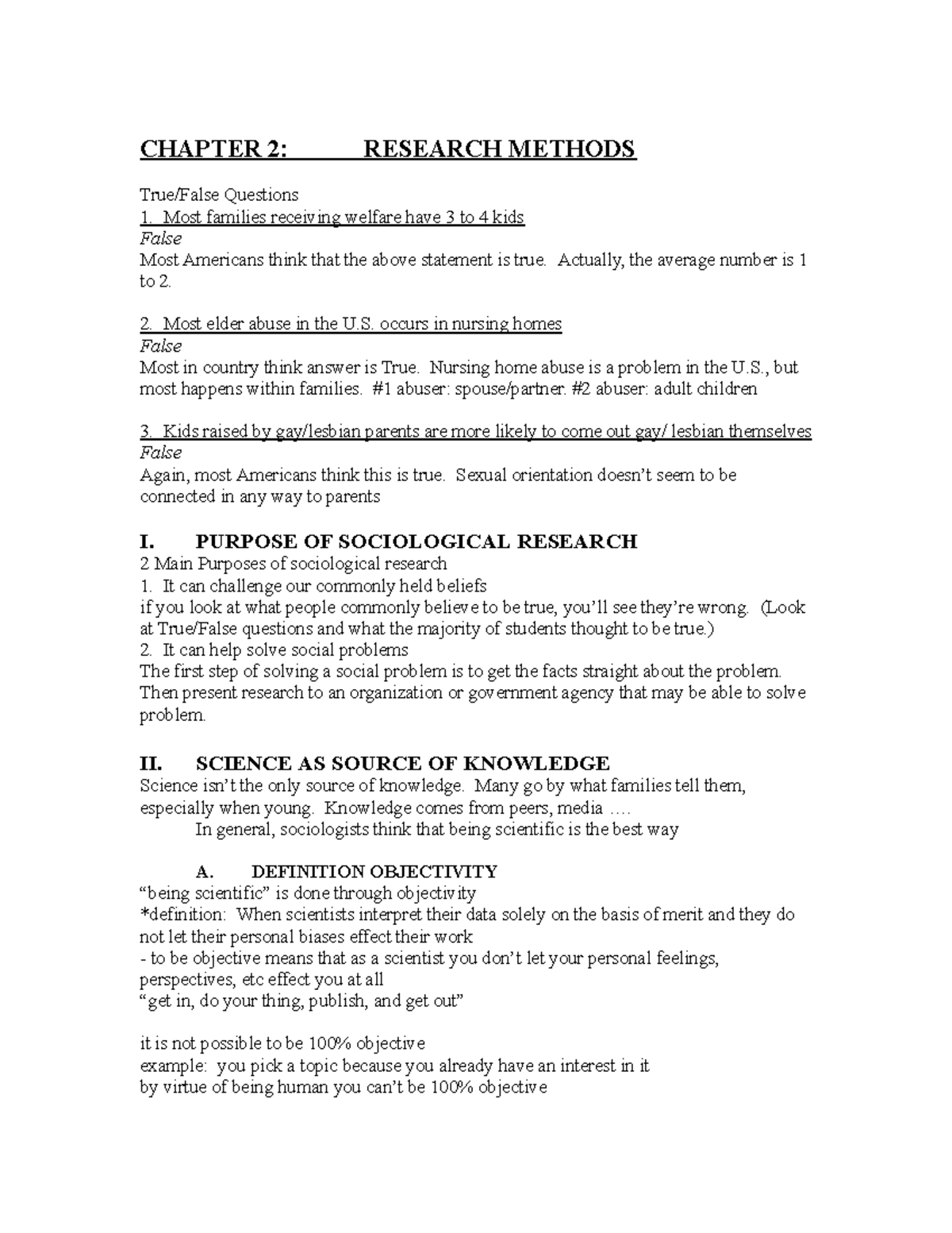 Chapter 2 sociology Notes - CHAPTER 2: RESEARCH METHODS True/False ...