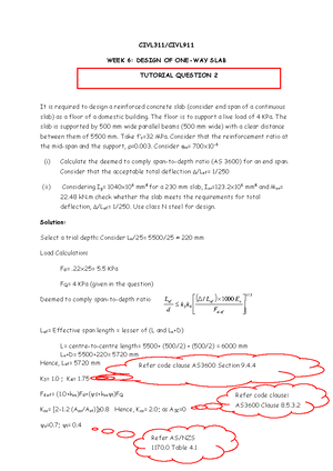 W4 - Week 4 Tutorial questions - CIVL311: STRUCTURAL DESIGN 1 CI V L9 1 1 : ST RU CT U RAL DESI ...