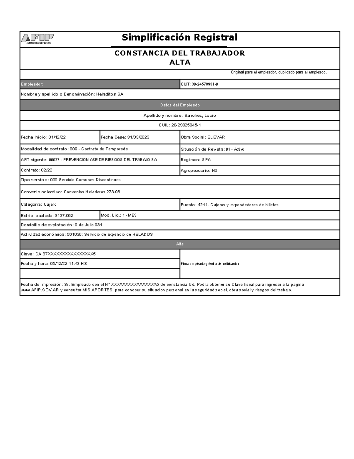 Formulario AFIP - ALTA Trabajador Cajero - CUIT: 30-24578931- Fecha ...