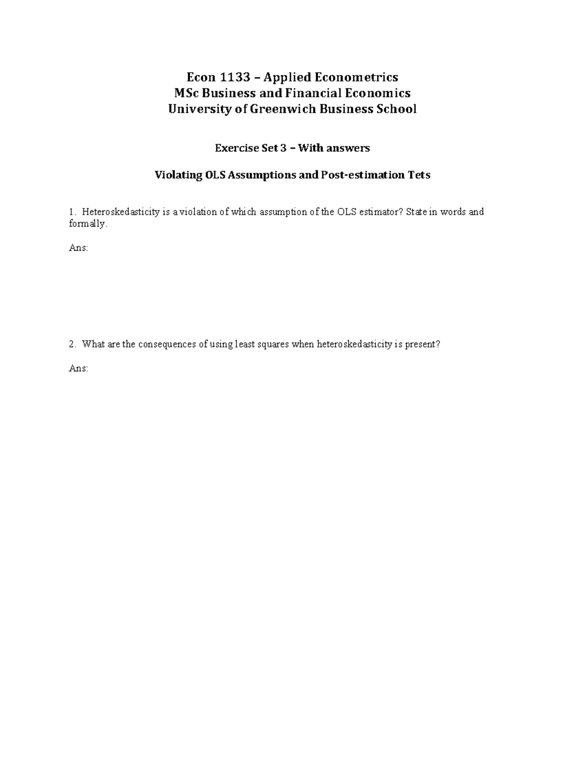 Exercises for L3 - Econ 1133 – Applied Econometrics MSc Business and ...