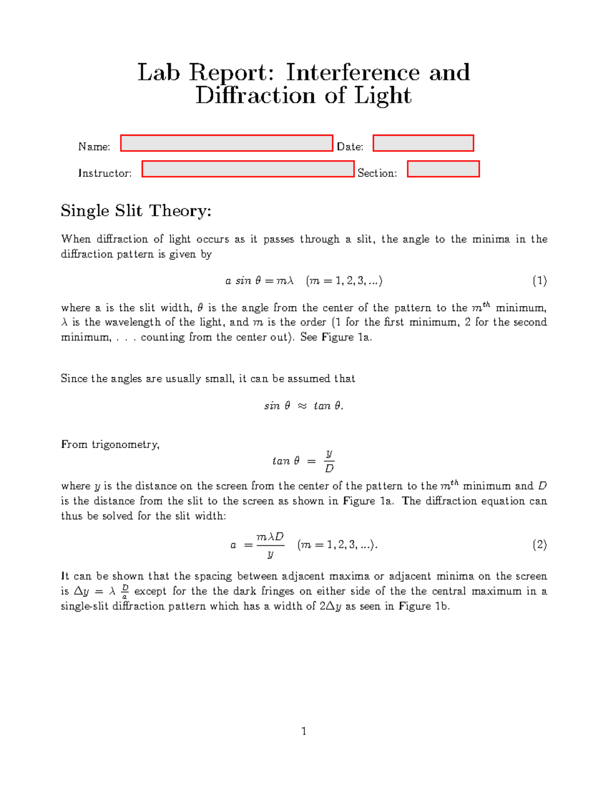 Interference Online Lab - Lab Report: Interference and Diffraction of Light Name: Date ...