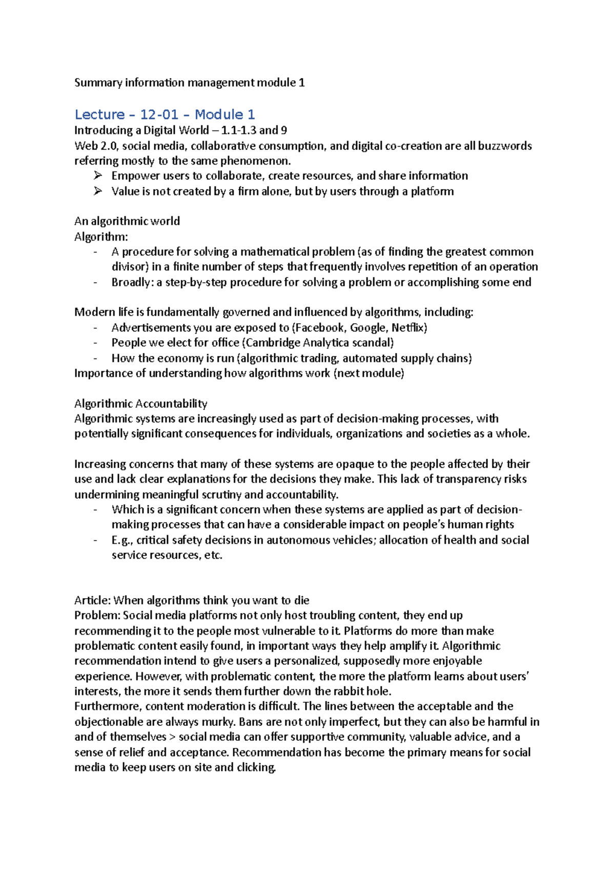 Summary information management module 1 - 1-1 and 9 Web 2, social media ...
