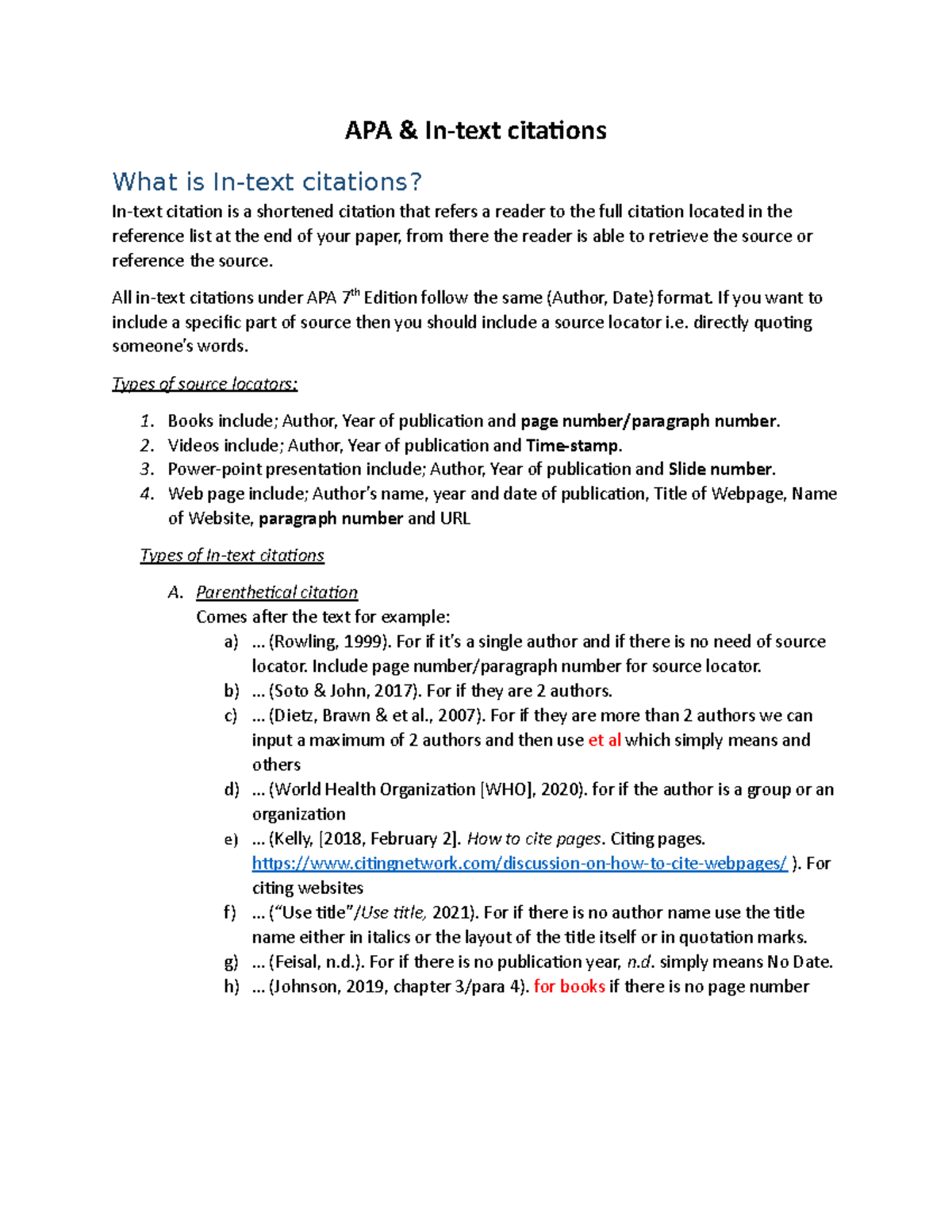 APA and citations: Notes for citation - UNIV1101 - UoPeople - Studocu