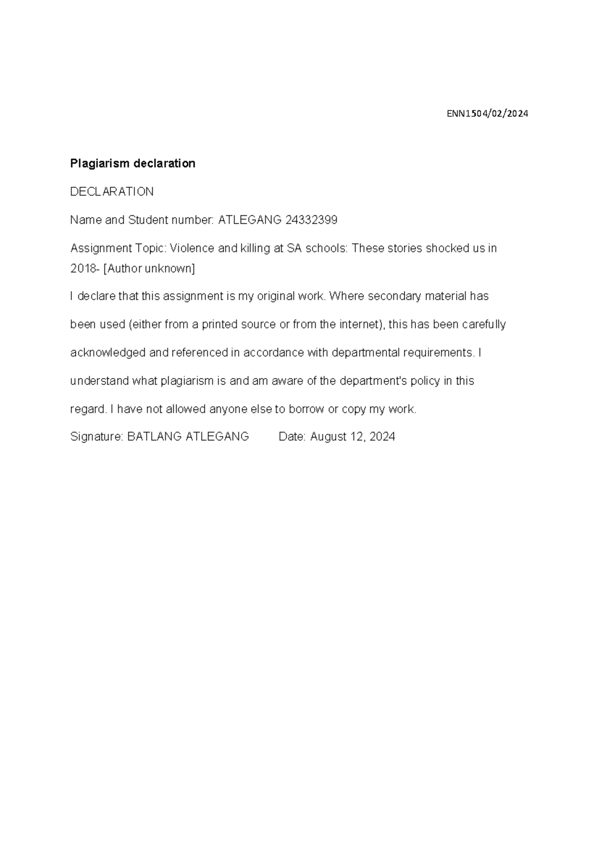 ENG1501 Assinment 1 - ASSIGNMENT - ENN1504/02/ Plagiarism declaration ...