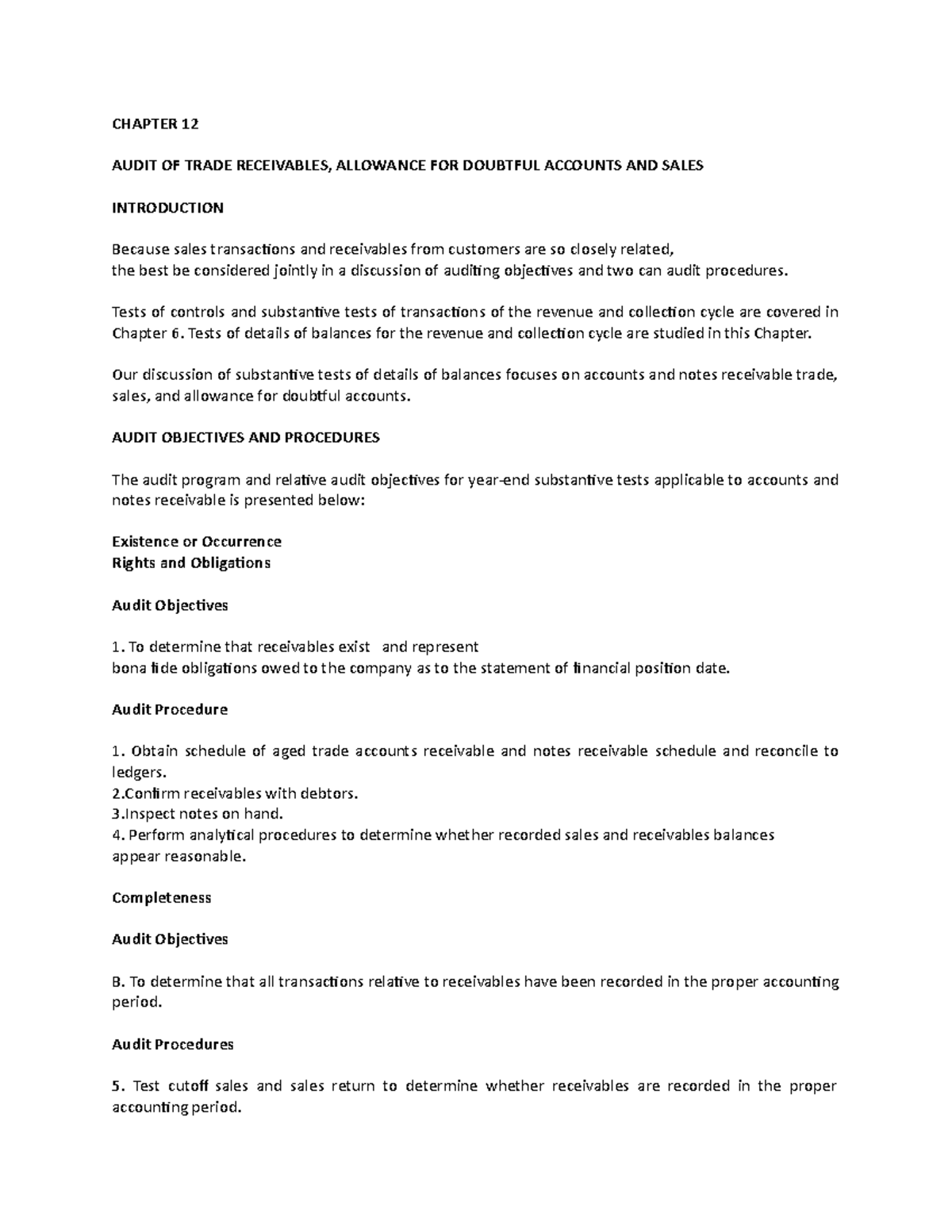 Chapter 10 auditing review notes - CHAPTER 12 AUDIT OF TRADE ...