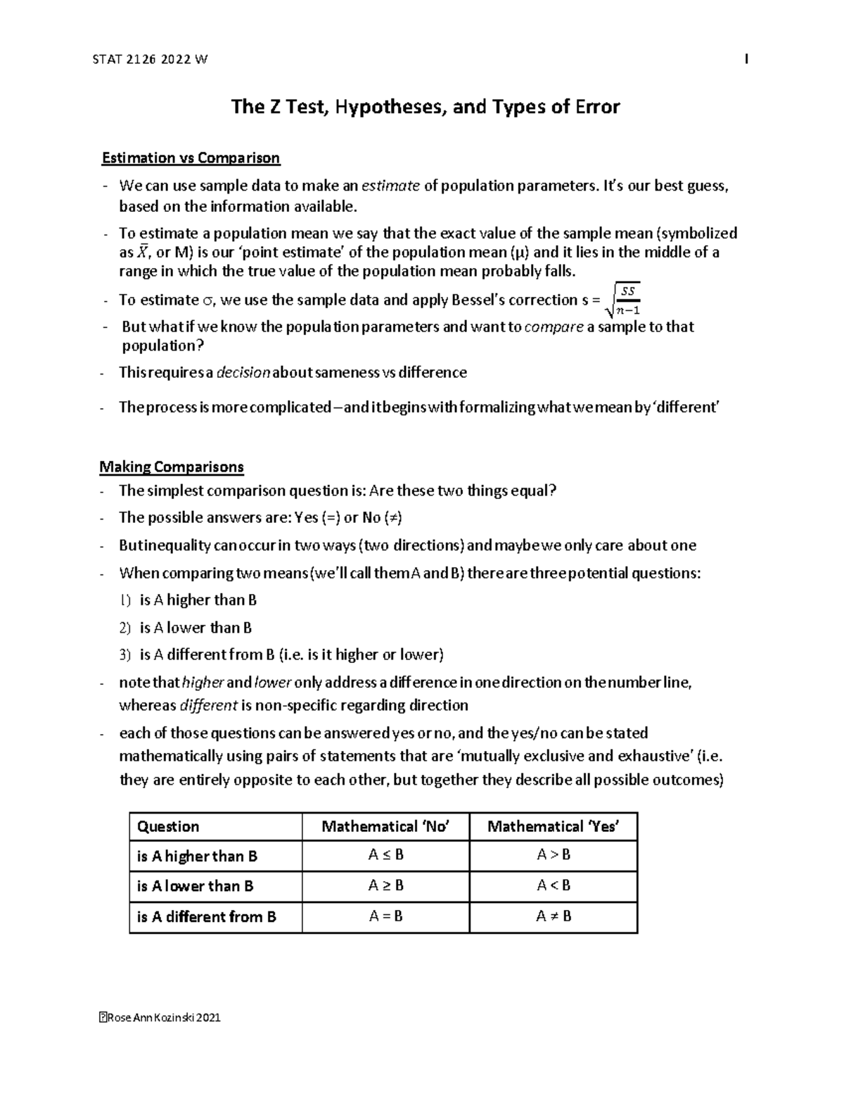 07 The Z test and Types of Error 2022W - The Z Test, Hypotheses, and ...