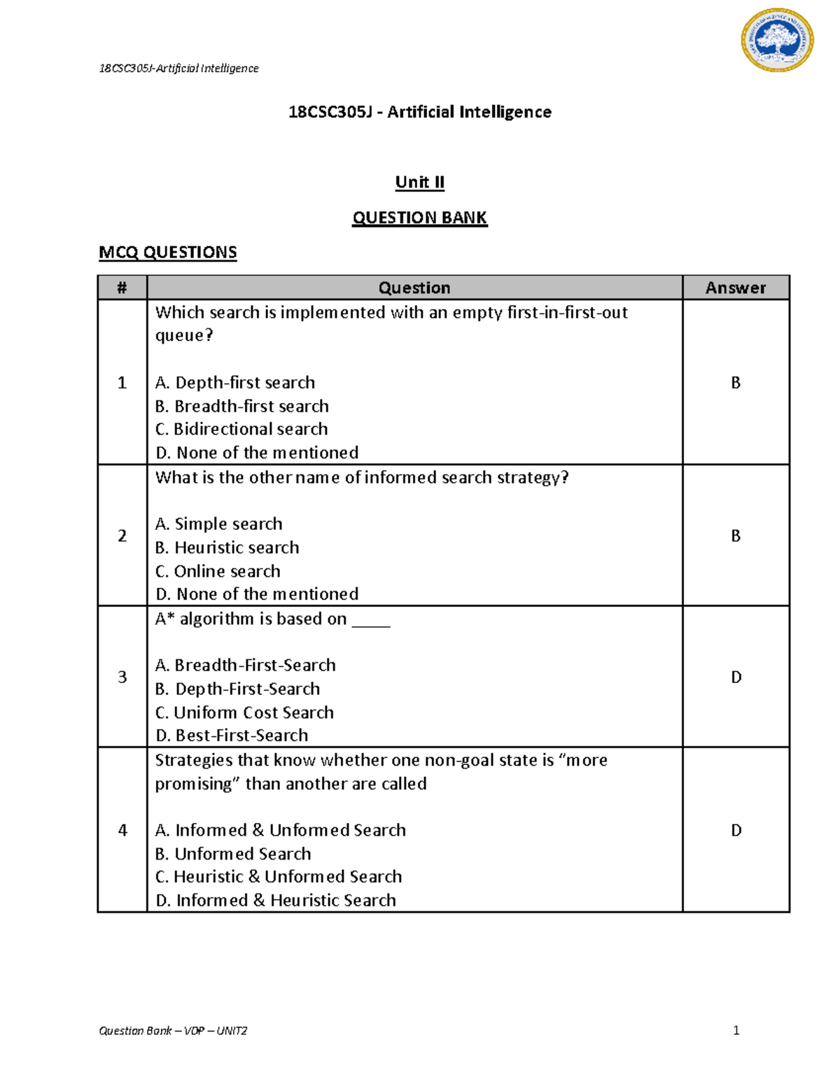AI-UNIT2 -QB-VDP - There are important questions in it - 18CSC305J - Artificial Intelligence ...