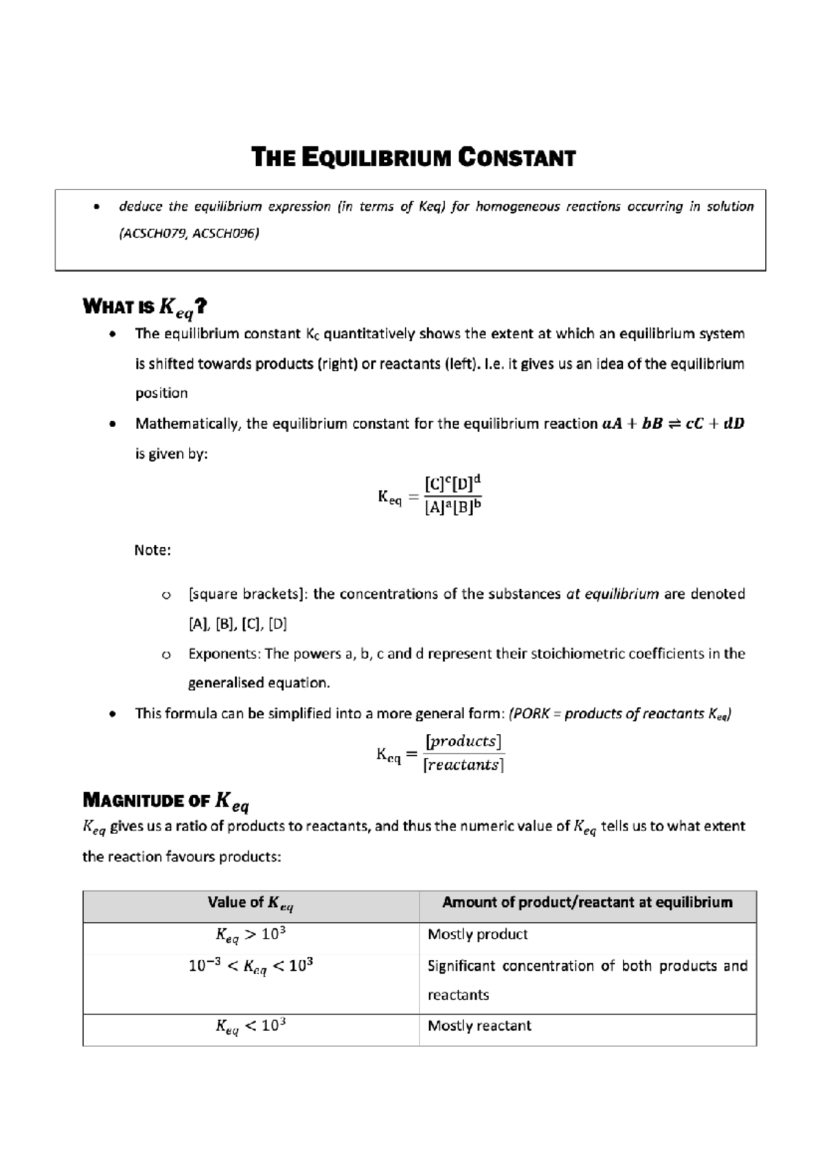 Kep Calculations - THE EQUILIBRIUM CONSTANT deduce the equilibrium ...