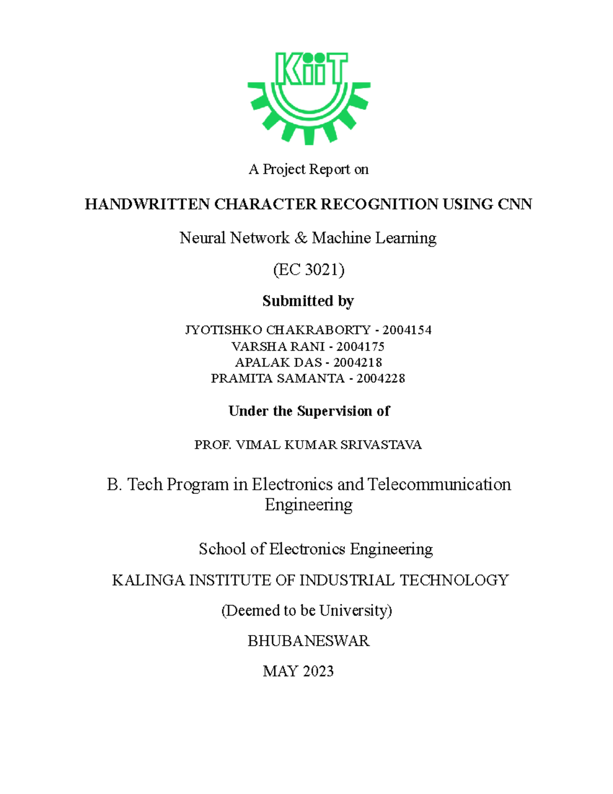 ML MINI PROJECT - A Project Report on HANDWRITTEN CHARACTER RECOGNITION ...