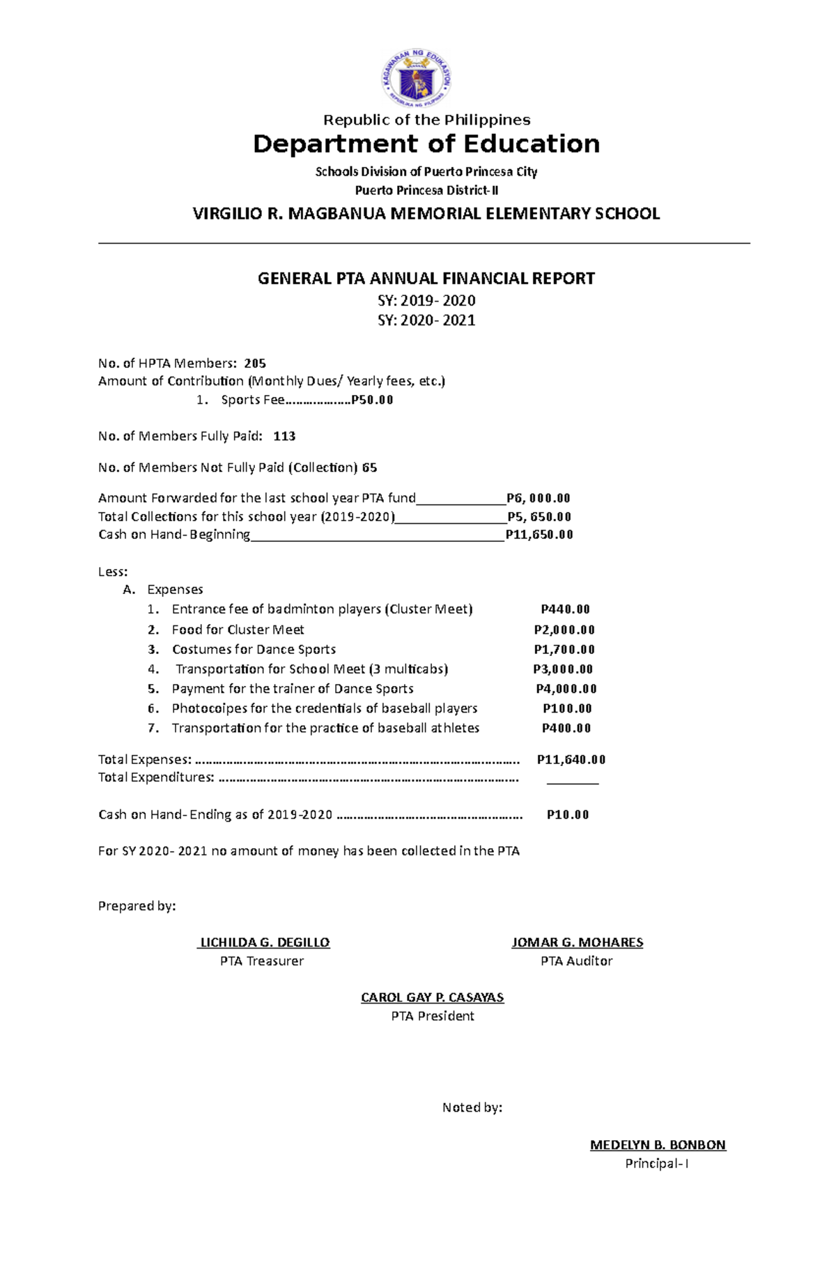 2020 PTA Financial Report Republic Of The Philippines Department Of