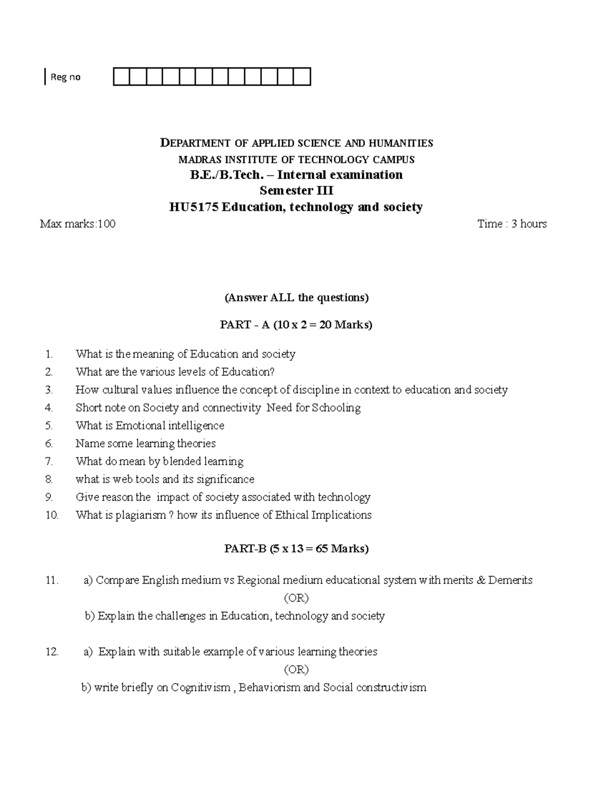 Model QP Template - Reg no DEPARTMENT OF APPLIED SCIENCE AND HUMANITIES ...