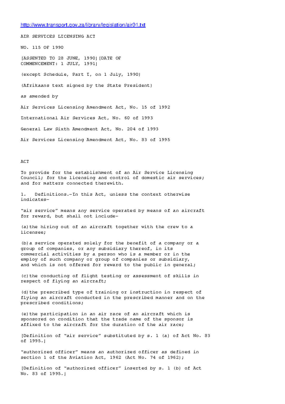 Air Services Licensing Act 115 of 1990 - transport.gov/library ...