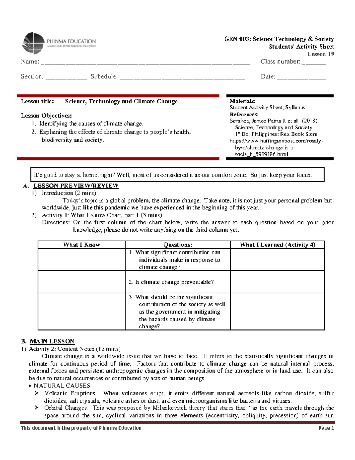 GEN 003 MODULE 23 - Students’ Activity Sheet Lesson 19 Name: - Studocu