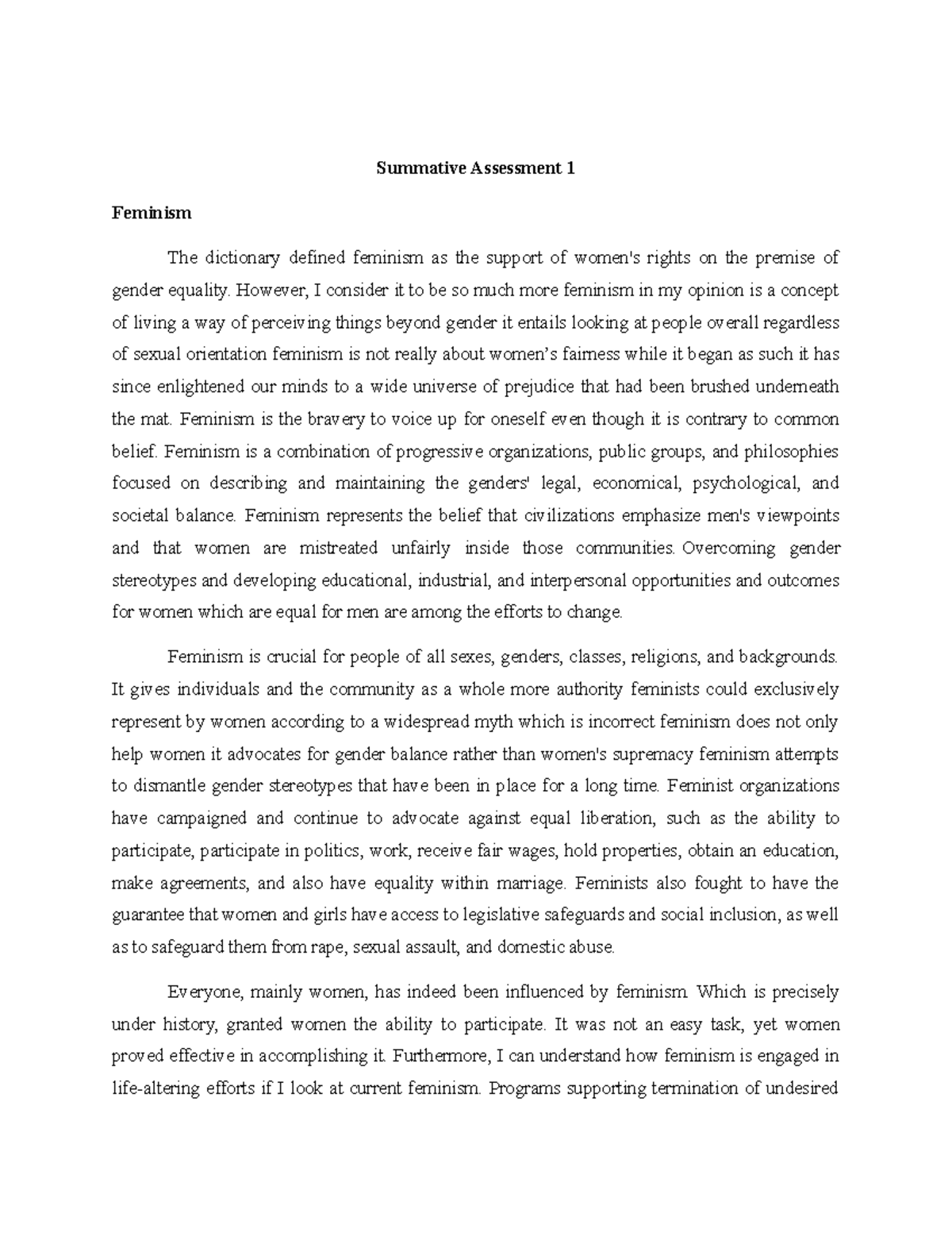 feminism summative assessment number 1 - Ethics - FEU - Studocu