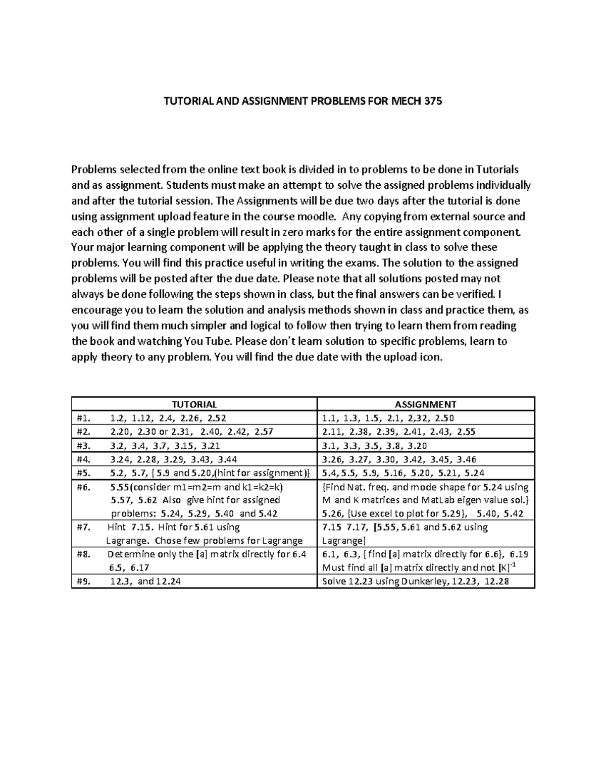 Tutorial And Assignment Problems Tutorial And Assignment Problems For Mech 375 Problems