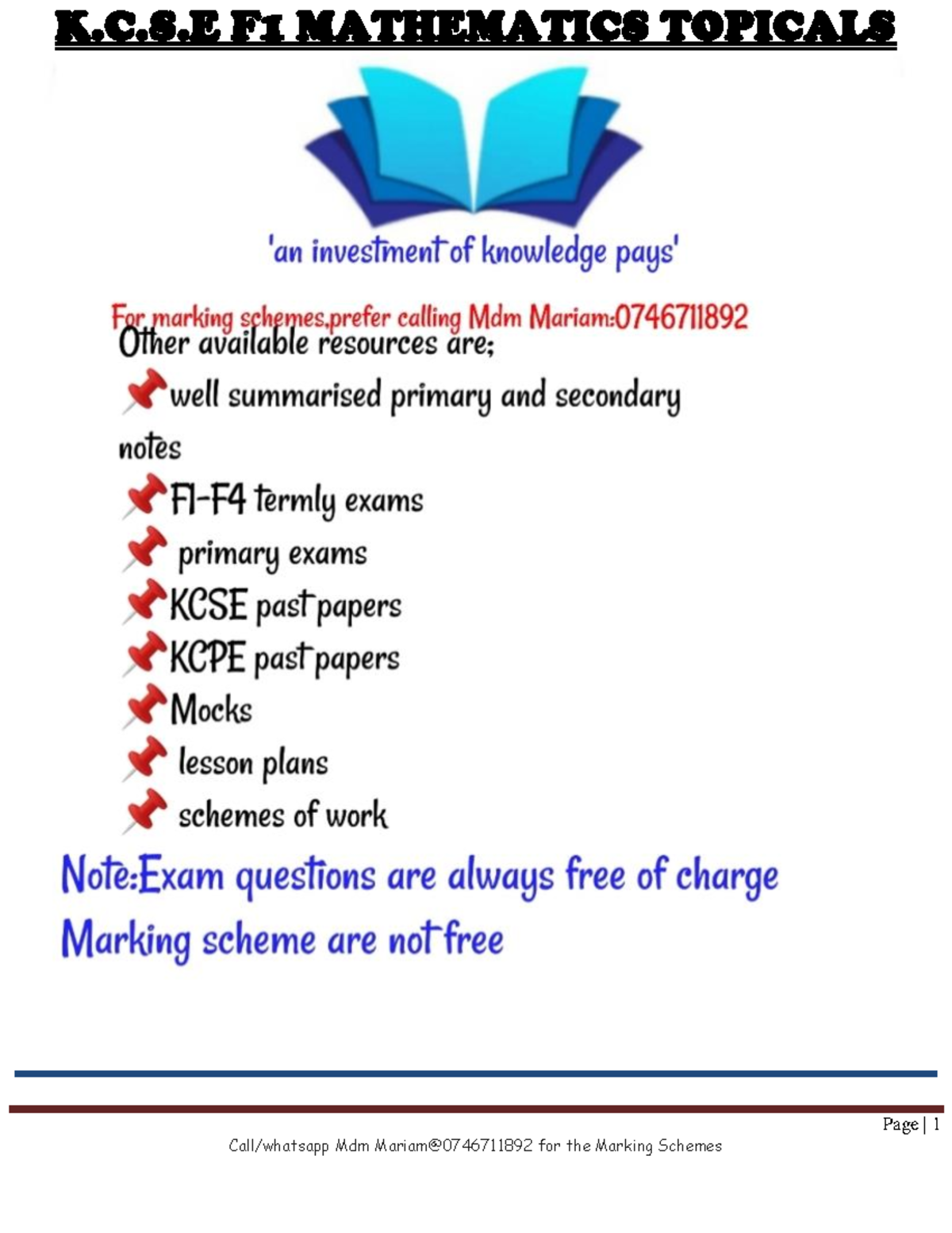 K.C.S.E F1 Maths Topicals - Page | 1 K.C.S F1 MATHEMATICS TOPICALS Page ...
