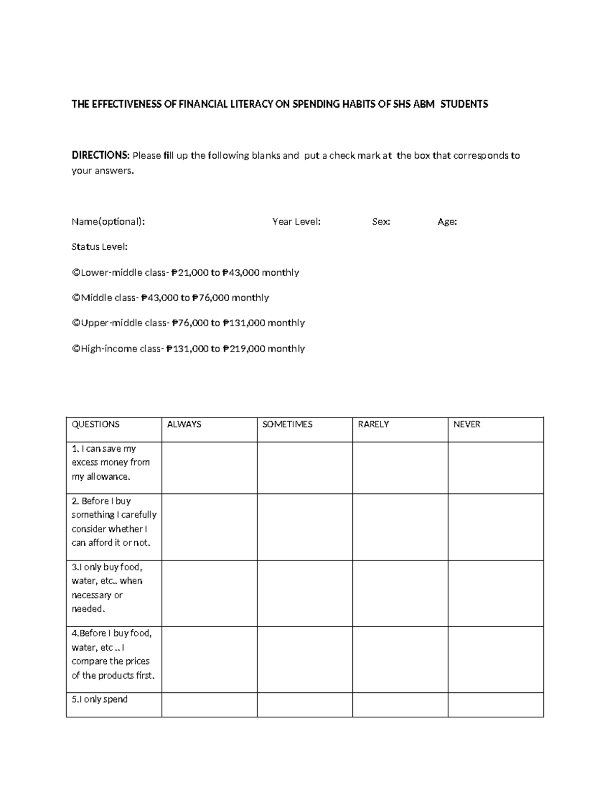 Research-questions - none - THE EFFECTIVENESS OF FINANCIAL LITERACY ON ...