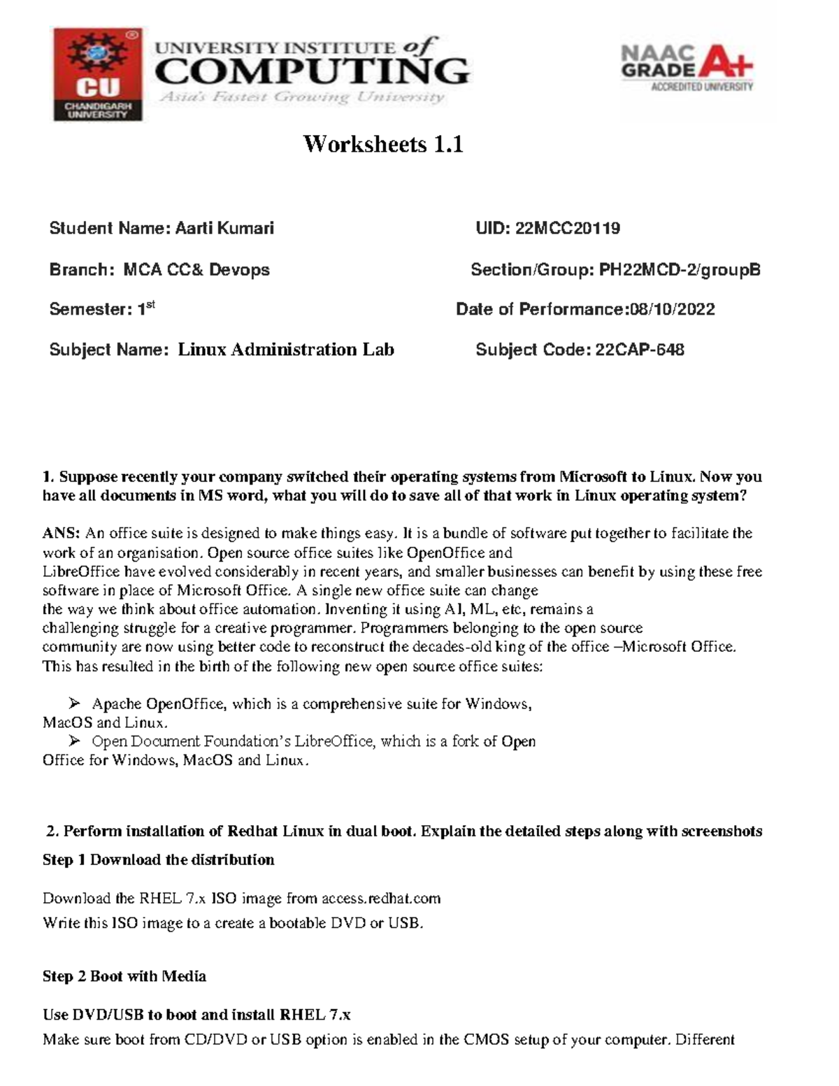 Worksheet 1.2 (1) Linux Aarti - Worksheets 1. Student Name: Aarti ...