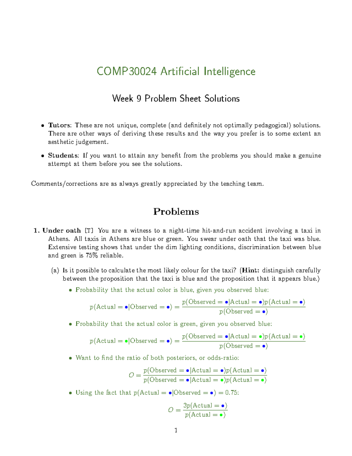 AI week9 solutions - COMP30024 Artificial Intelligence Week 9 Problem Sheet Solutions Tutors ...