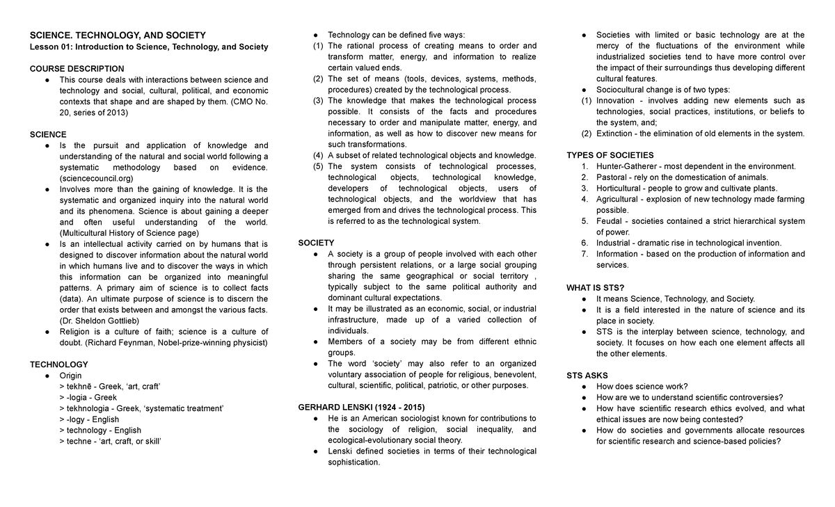 Sts-reviewer - Reviewer - SCIENCE. TECHNOLOGY, AND SOCIETY Lesson 01 ...
