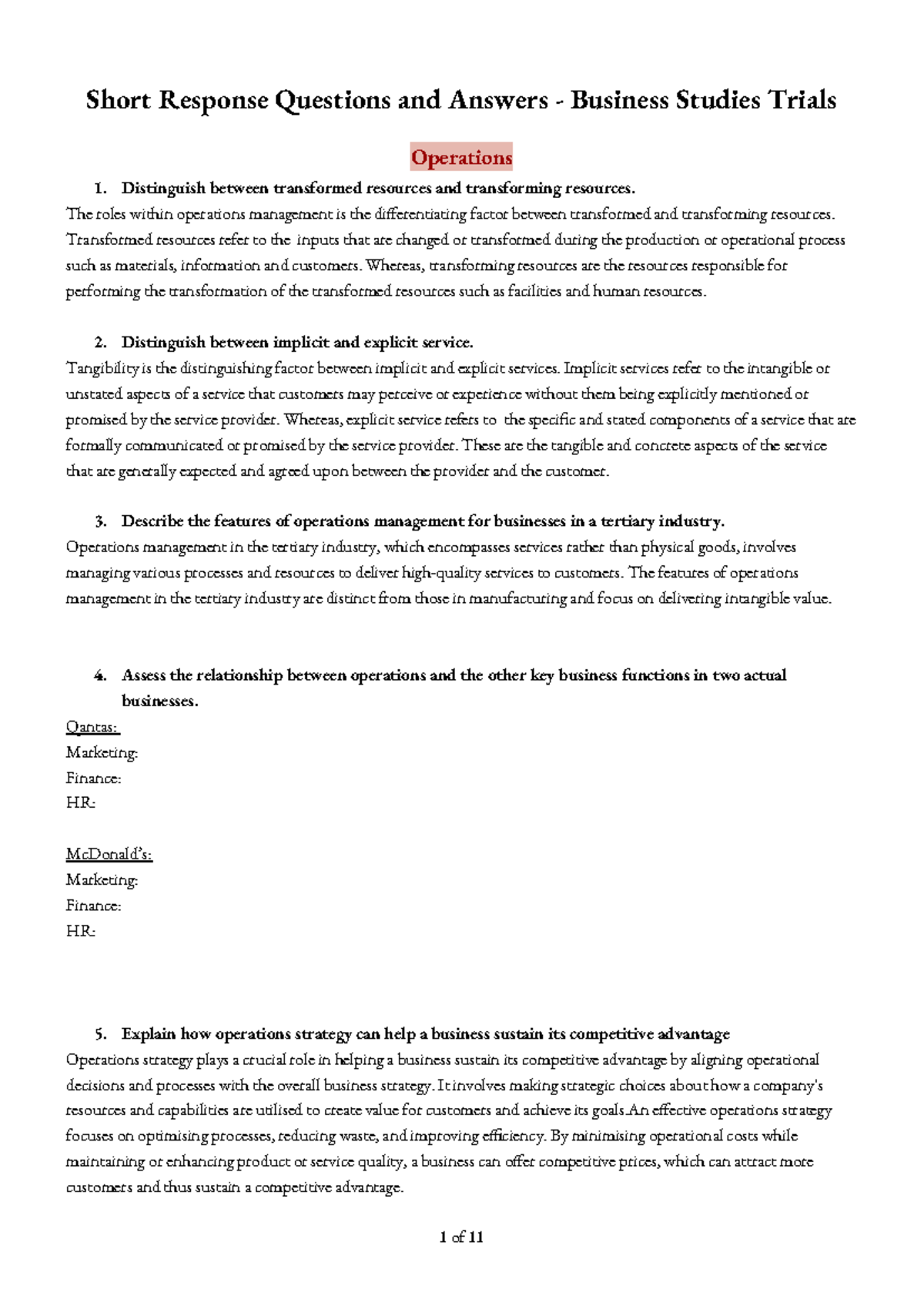 business studies short answer questions and answers - Short Response ...